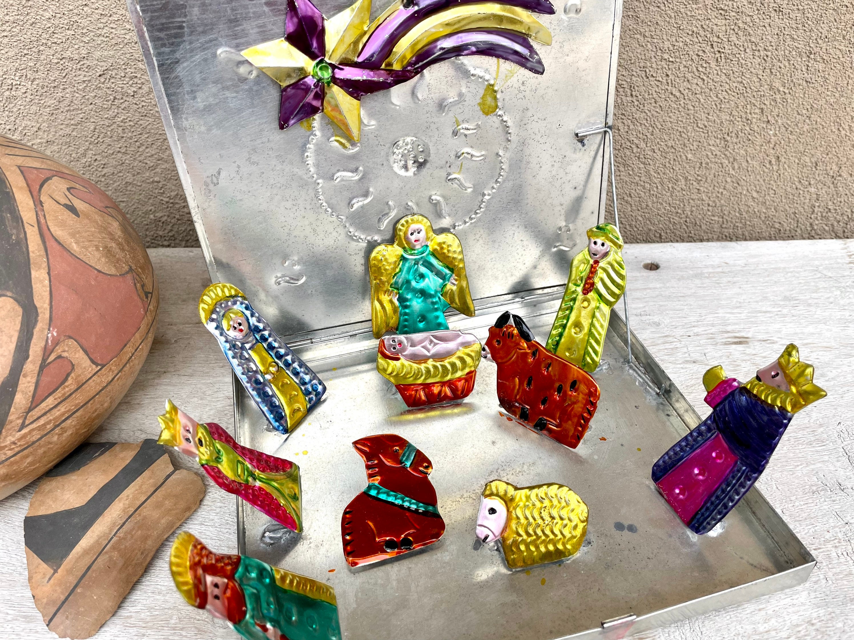 Vintage Folding Mexican Tin Nativity in Box Set (Distressed with ...