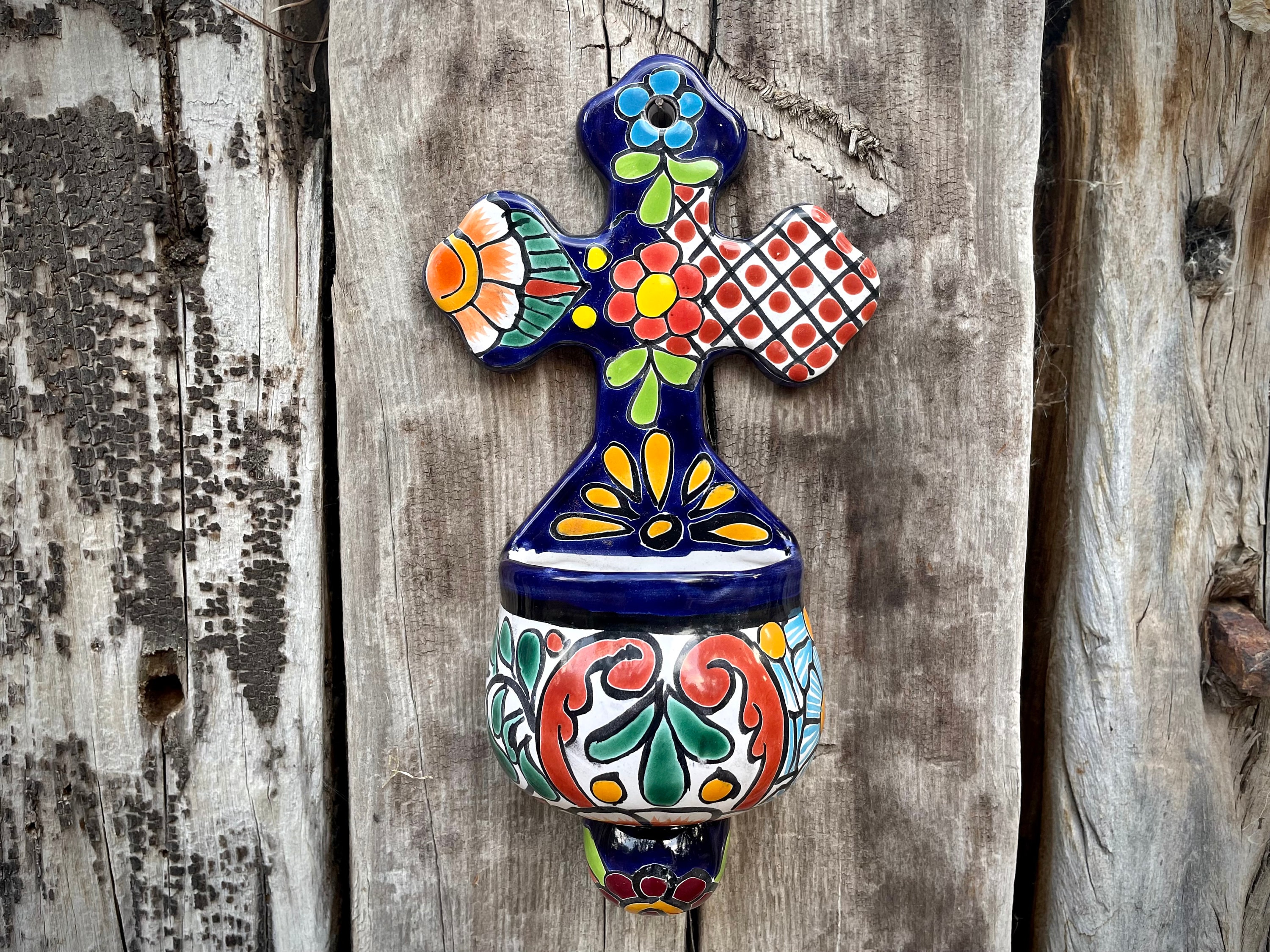 Vintage Talavera Pottery Cross Wall Hanging Holy Water Font, Mexican ...