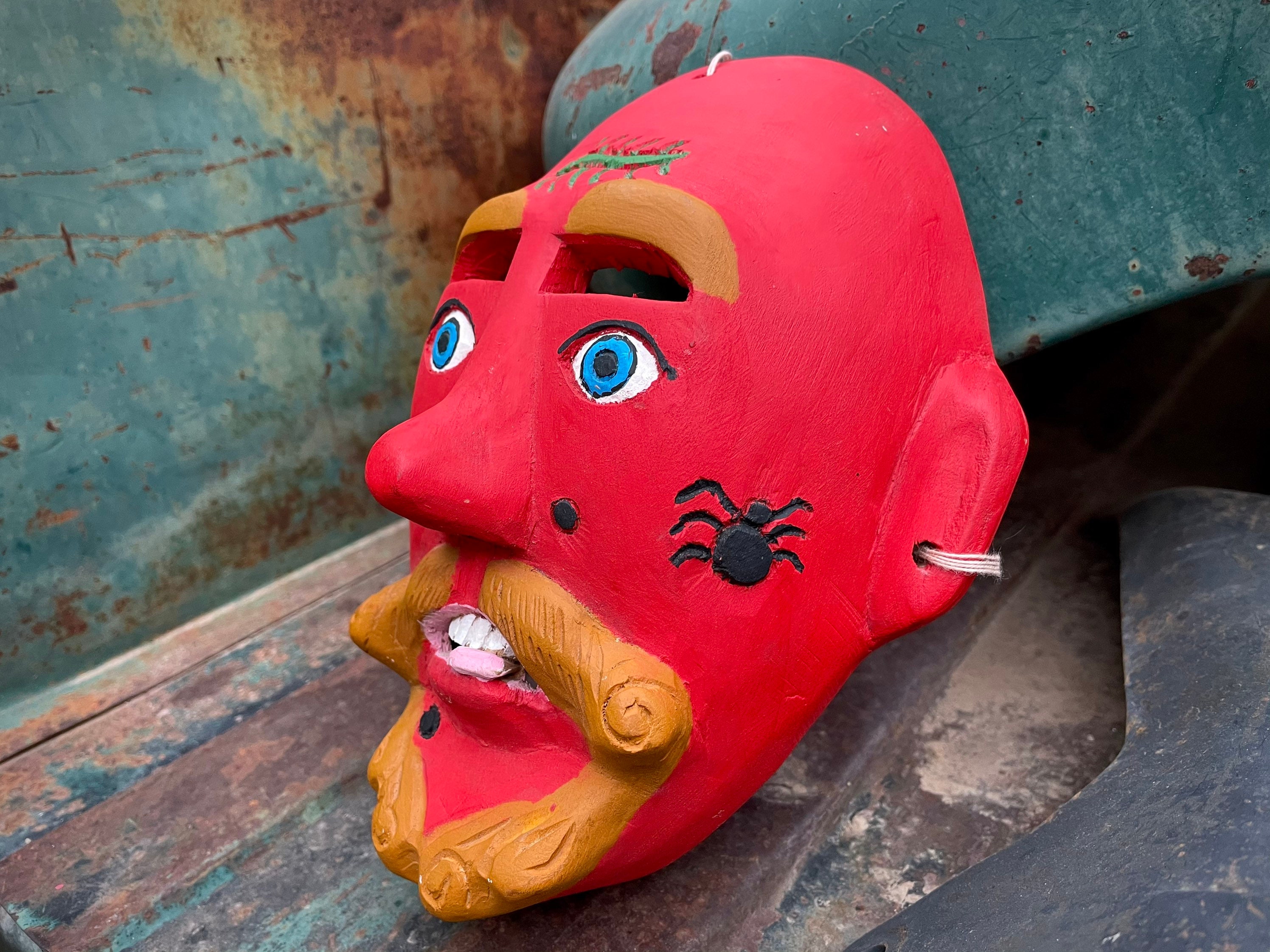 Carved and Painted Wood Mask Red Face Man Spider on Cheek, Peru ...