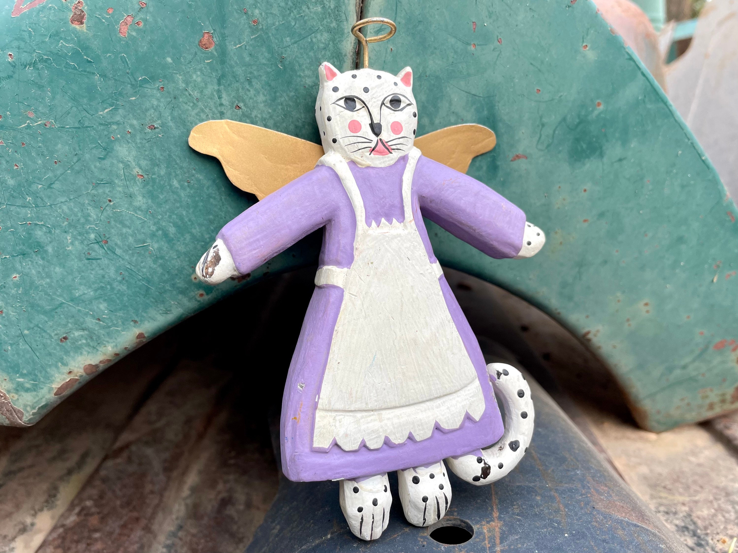 Small Distressed Bali Folk Art Painted Wood Spotted Cat Angel with ...