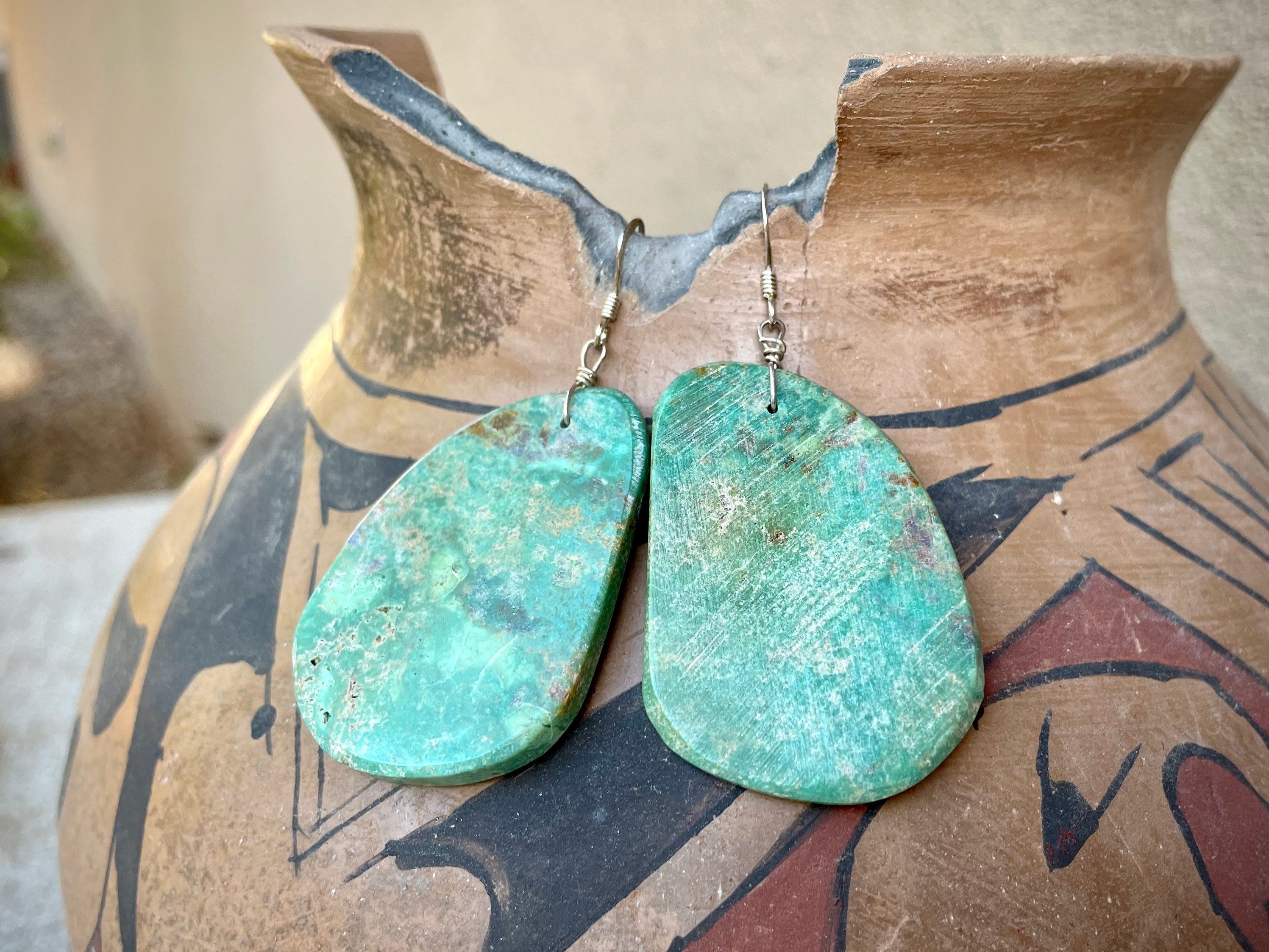 Large Simple Turquoise Slab Earrings, Southwest Santo Domingo Pueblo ...
