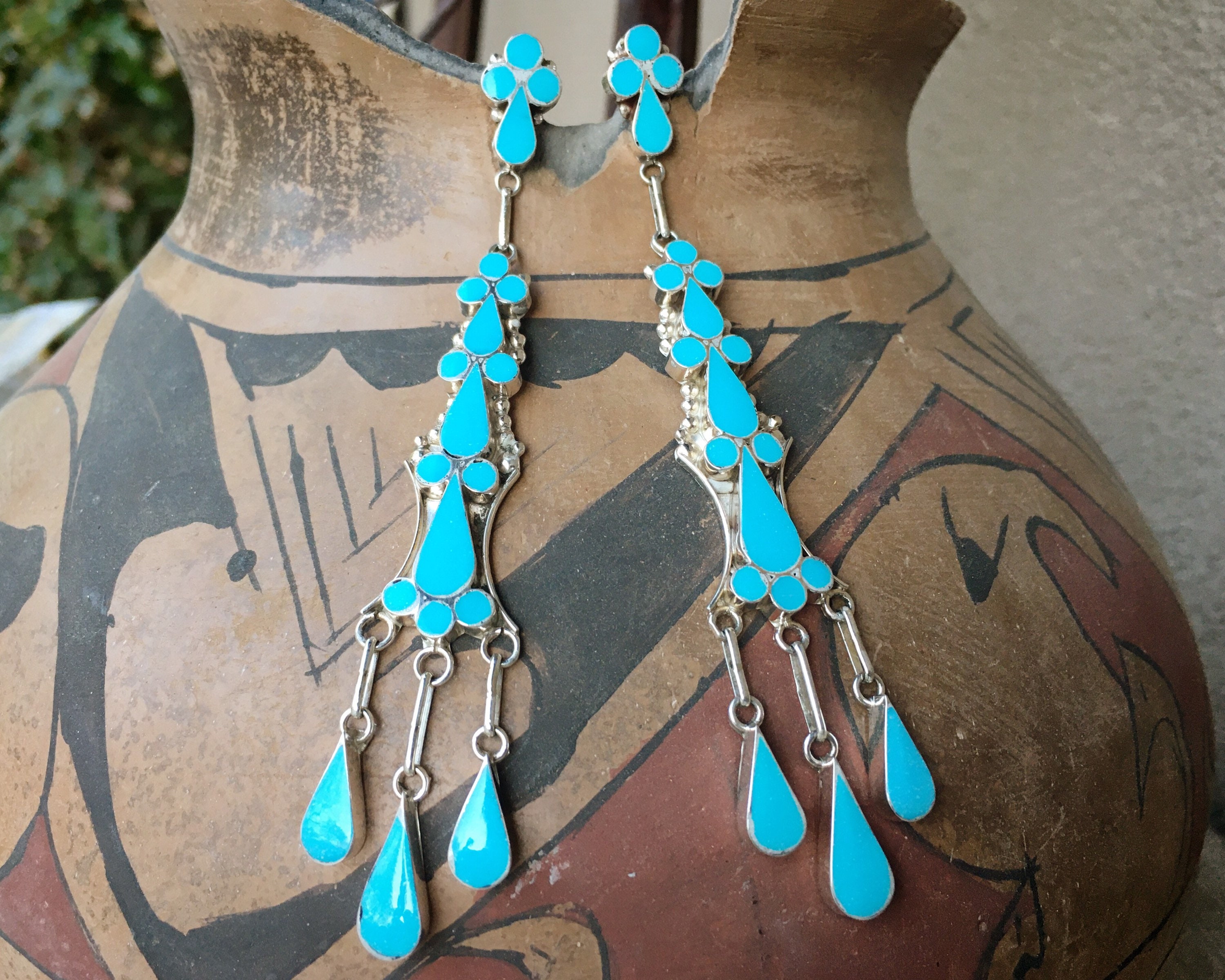 Long Signed Zuni Silver Turquoise Inlay Earrings for Women, Native ...