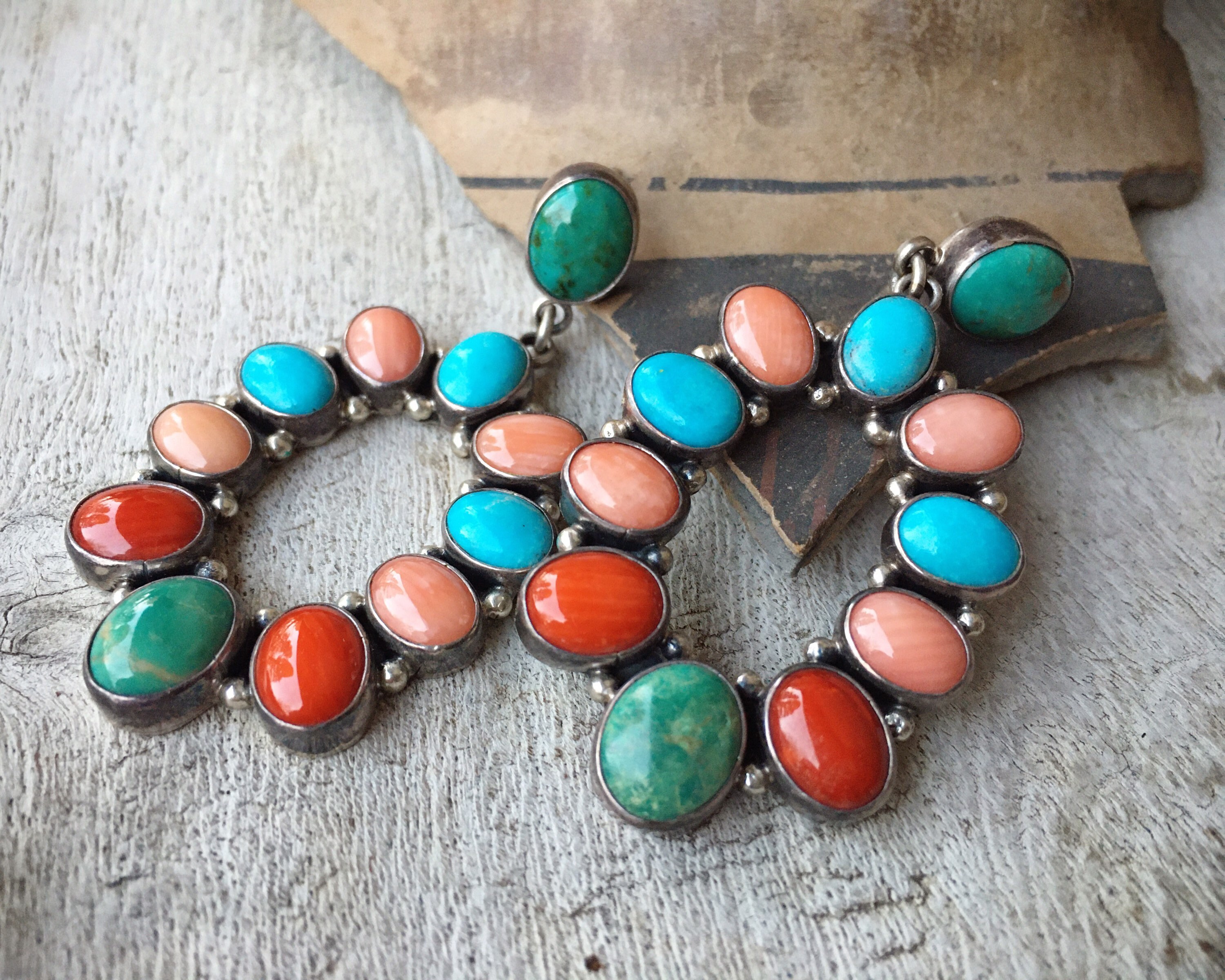 Multi Stone Multi Color Turquoise Hoop Earrings, Southwestern Native ...