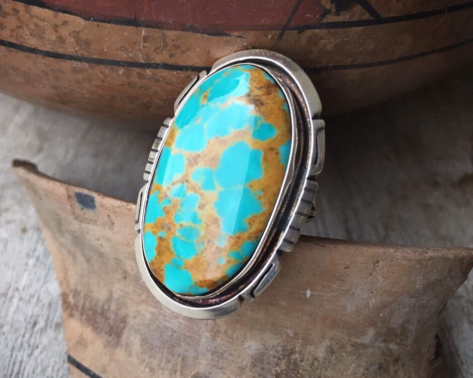 Large Oval Navajo Turquoise Ring for Women or Men Size 8, Native ...