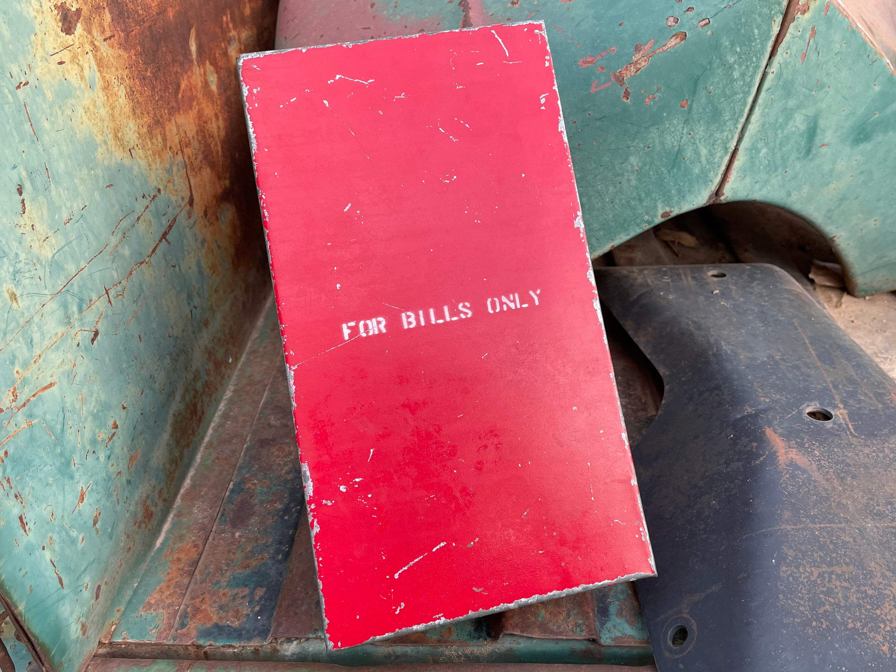 Small Chippy Red Painted Flat Metal Box Slide Top For Bills Only ...