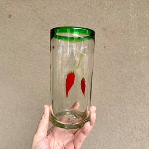 Two Heavy Mexican Glass Tumblers Clear With Green Rim and Red Chile ...
