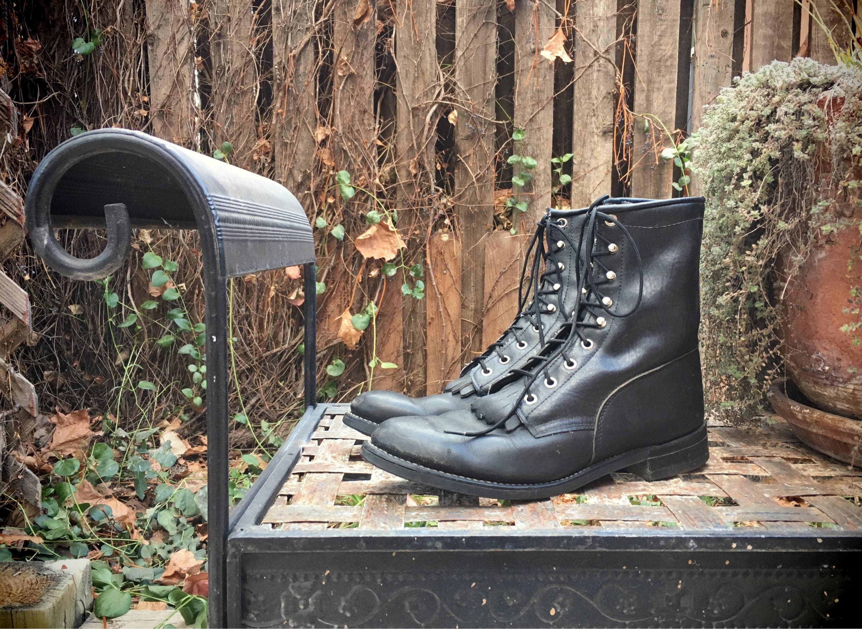 Black Leather Packer Cowboy Boots Men's Size 9.5 D, Mens Lace Up Boots ...