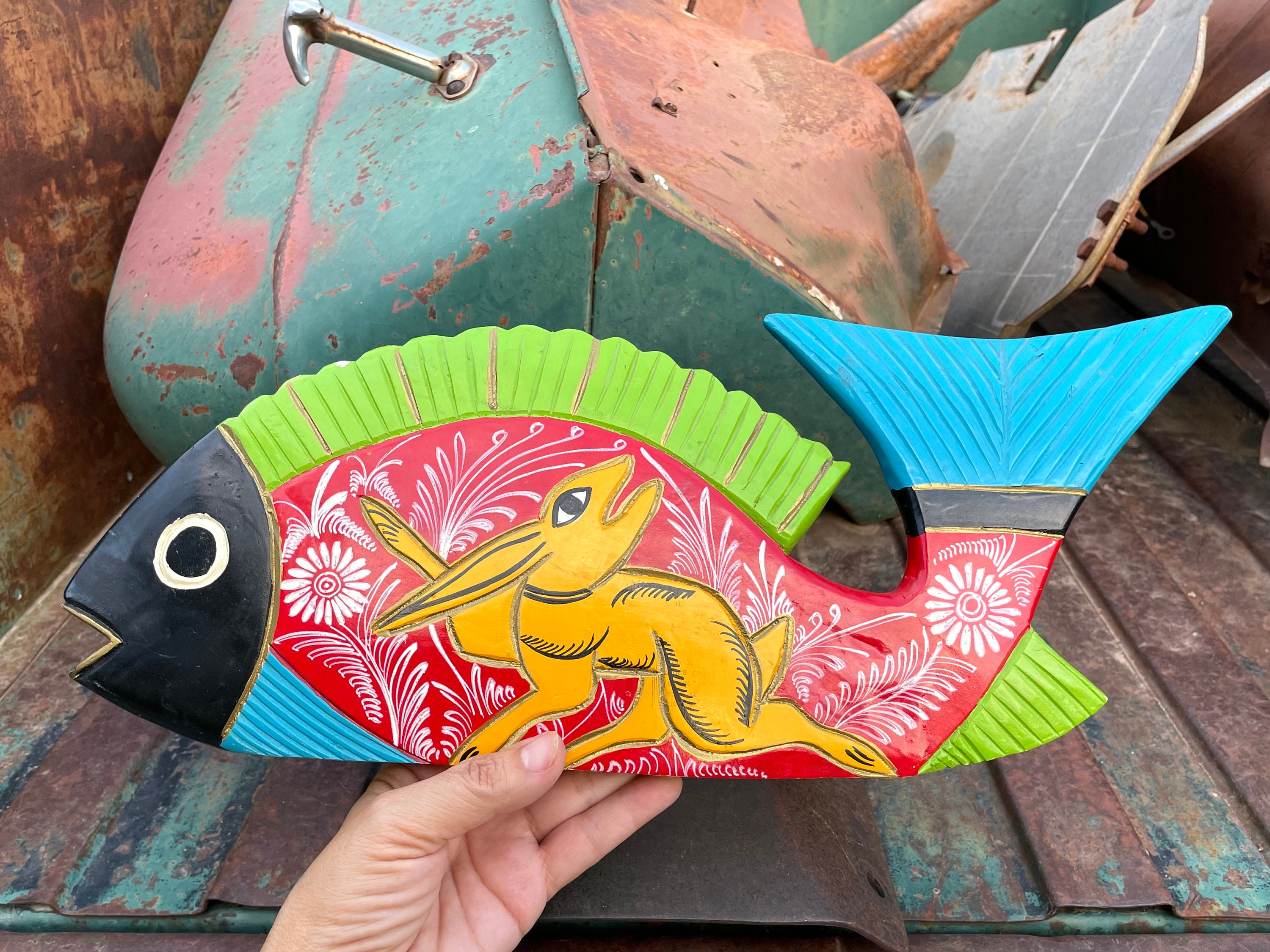 Mexican Folk Art Wood Carved Fish with Colorful Painted Rabbit Design ...