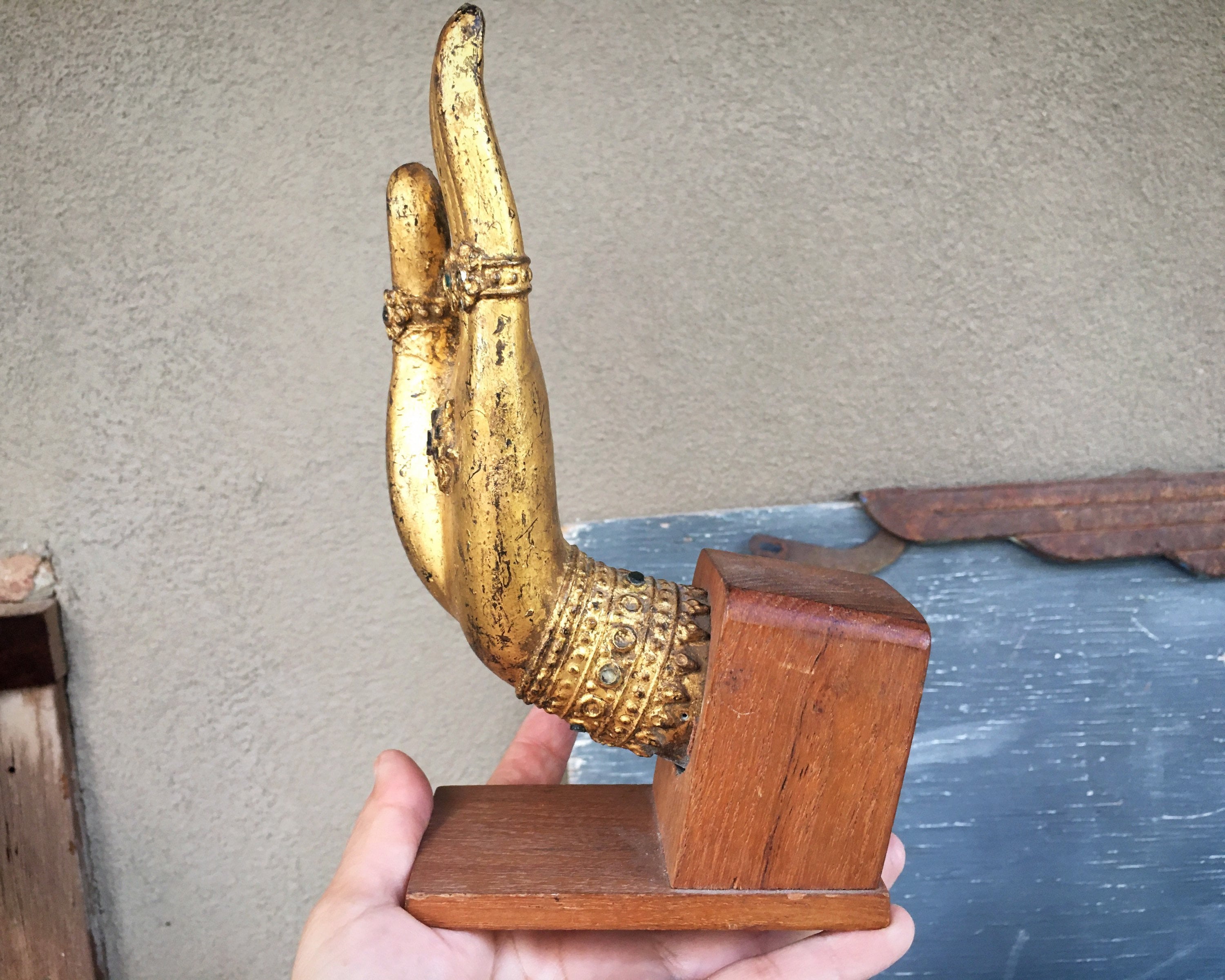 Cast Metal Hand Statue Gilt and Bejeweled Mounted on Hardwood Stand ...