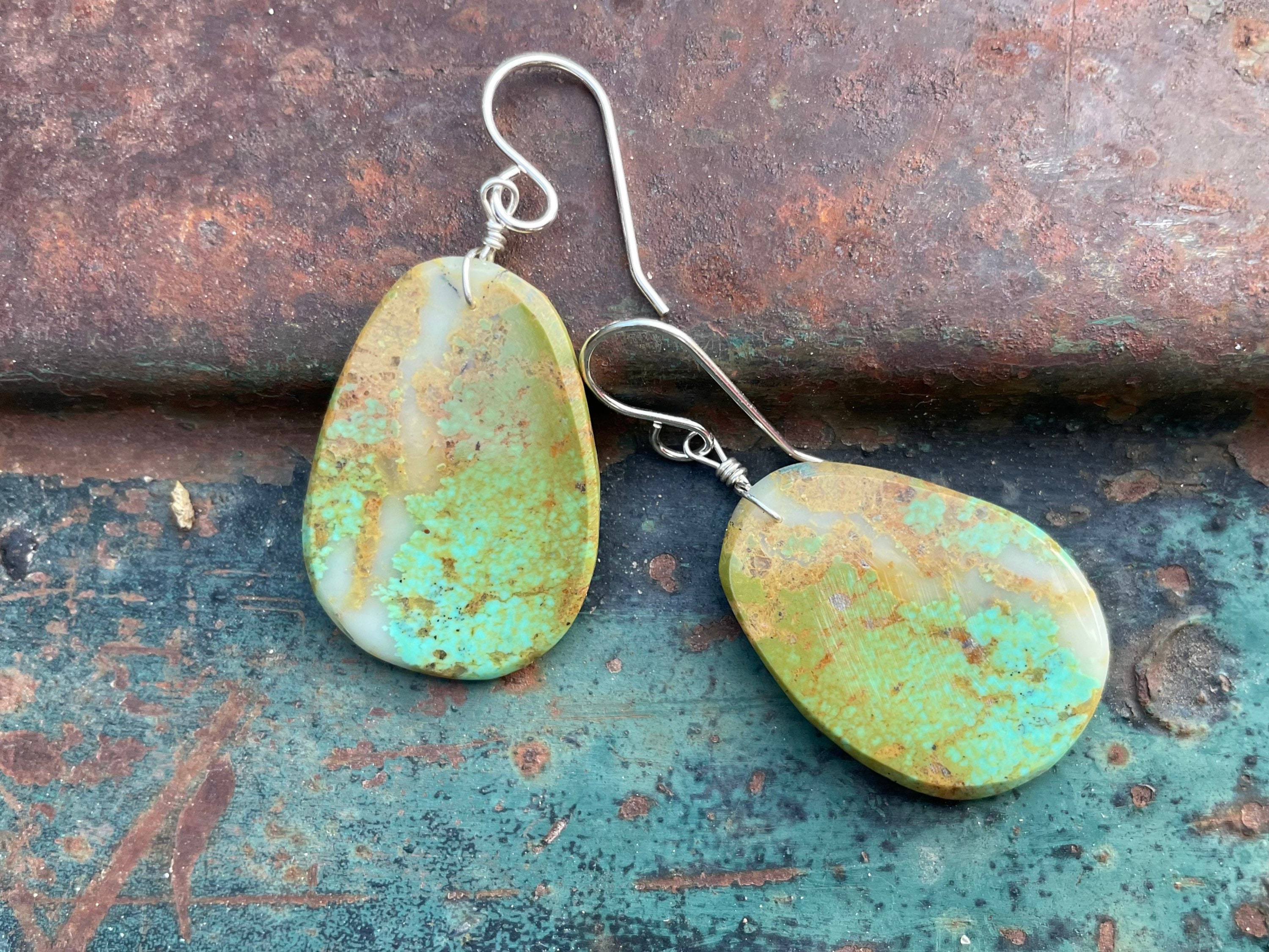 Matrixed Green Turquoise Slab Earrings Medium-Small Size, Southwestern ...