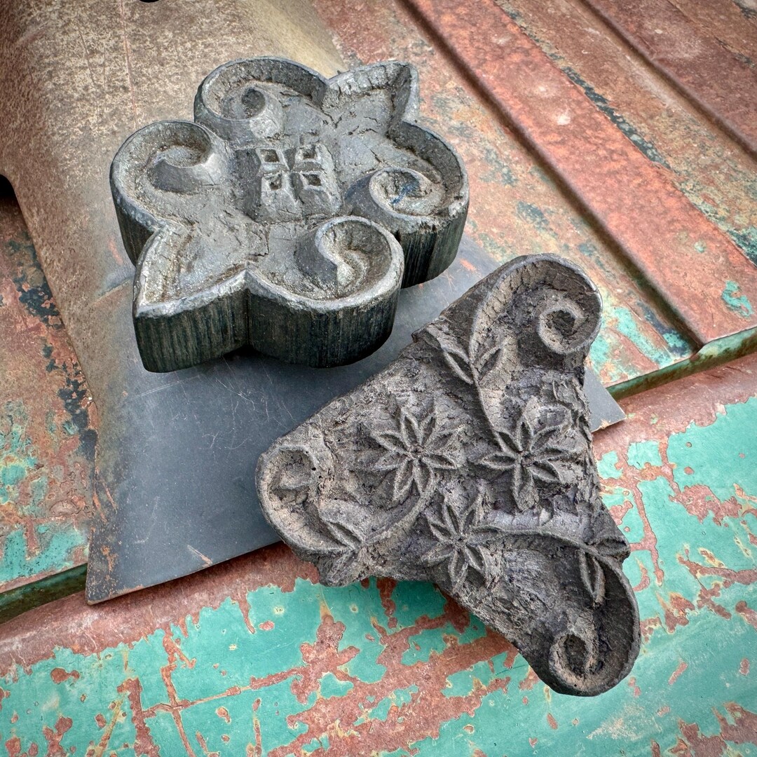 Pair of Vintage Carved Wood Block Stamps, Primitive Bohemian Decor ...