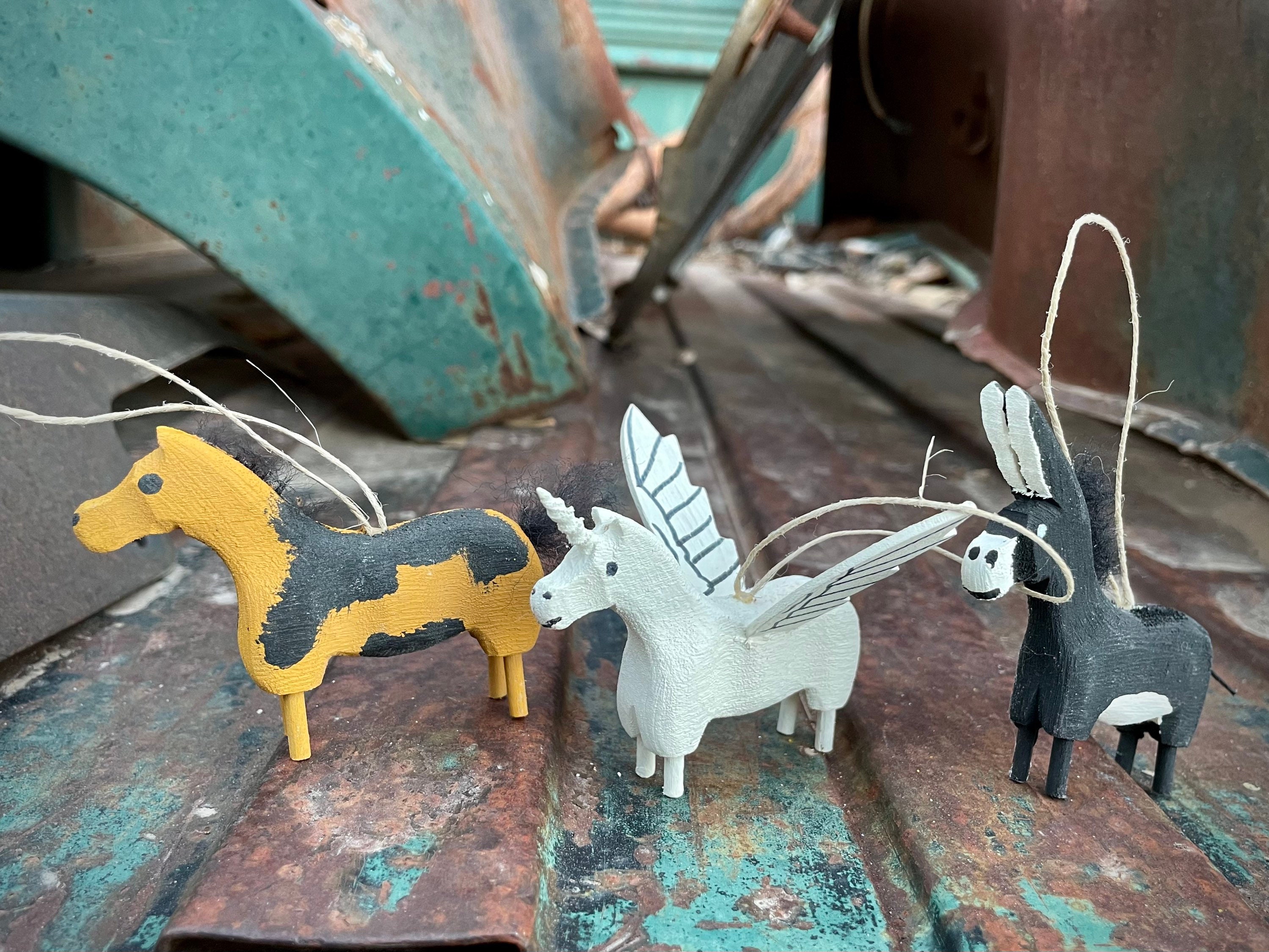 Three Navajo Animal Ornaments of Painted Wood, Folk Art Donkey Horse ...