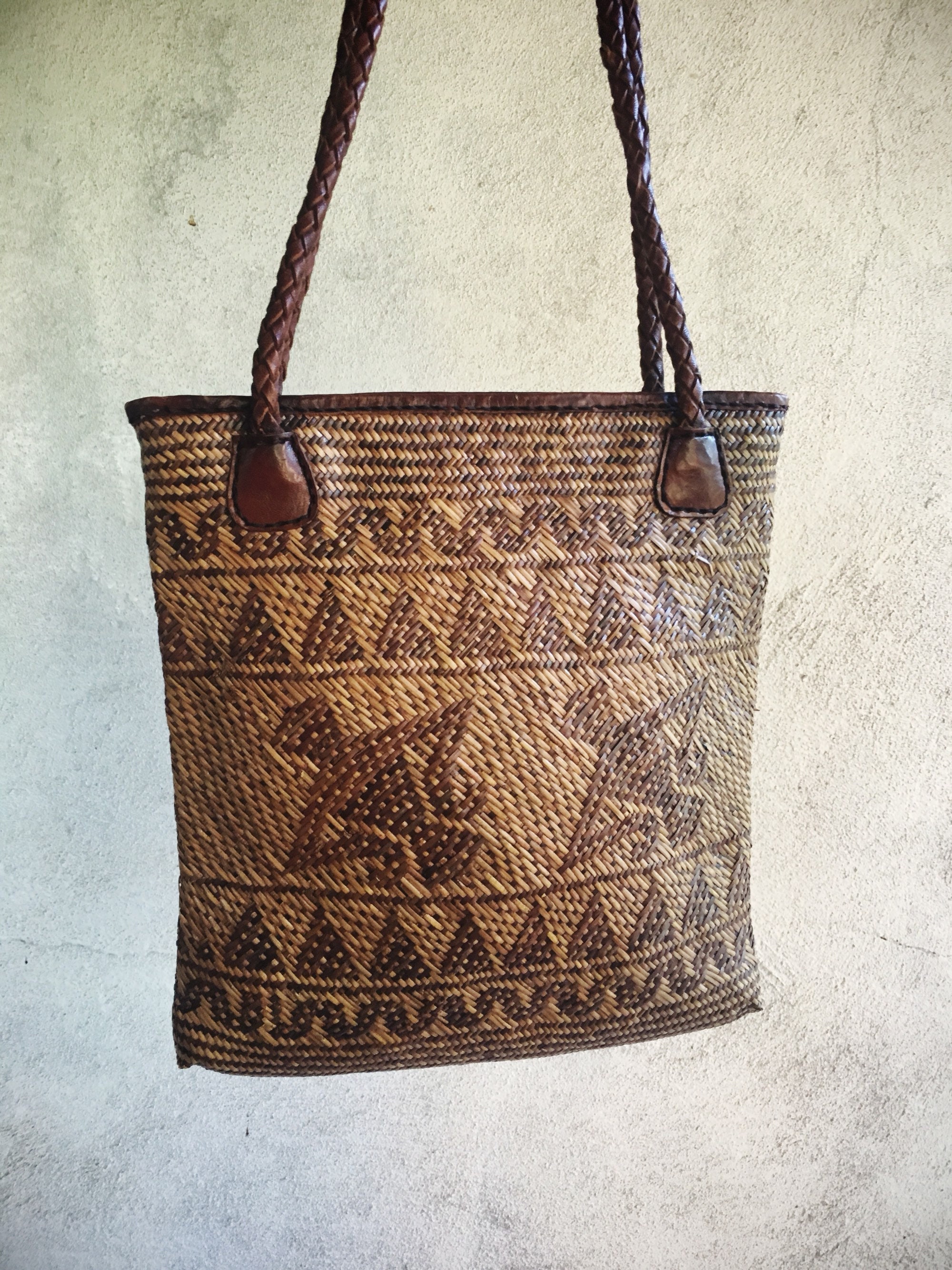Ethnic Rattan Flat Purse, Hippie Straw and Leather Purse, Gift for ...
