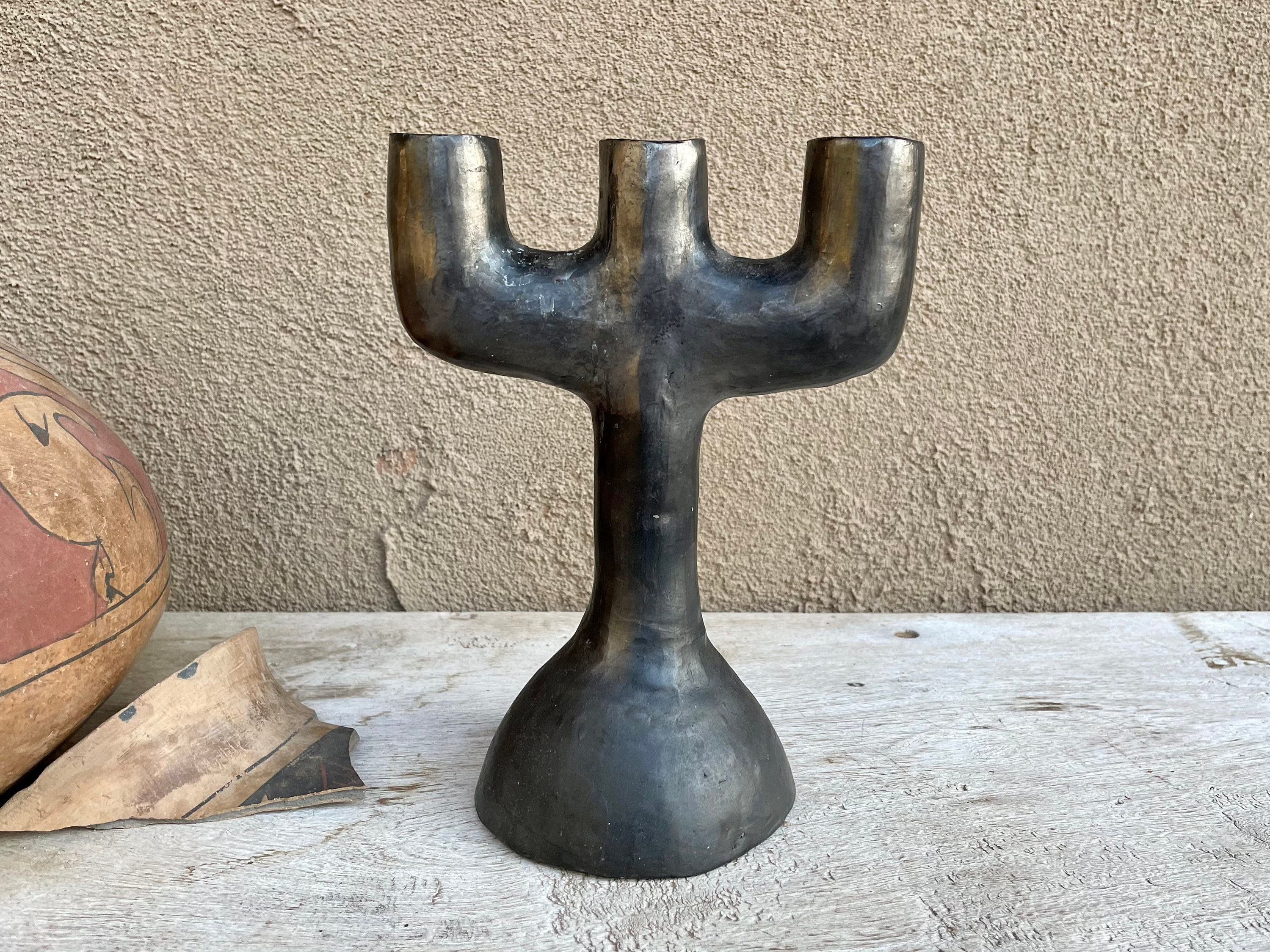 Vintage Barro Negro Three Candle Candelabram Oaxaca Mexico Black Clay ...