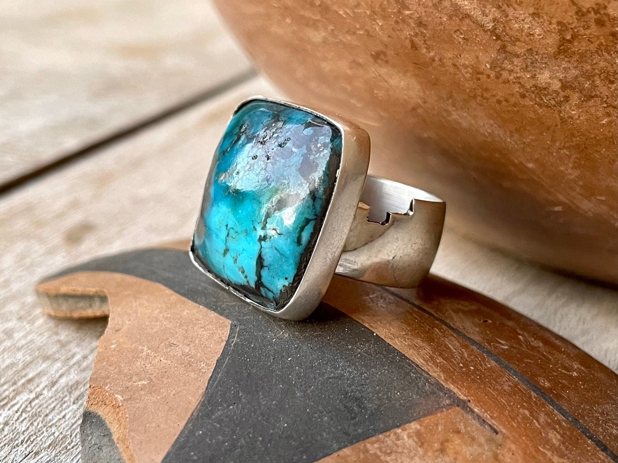 Bisbee Turquoise Square Ring by Navajo Xavier Bailon, Approx Size 9 ...