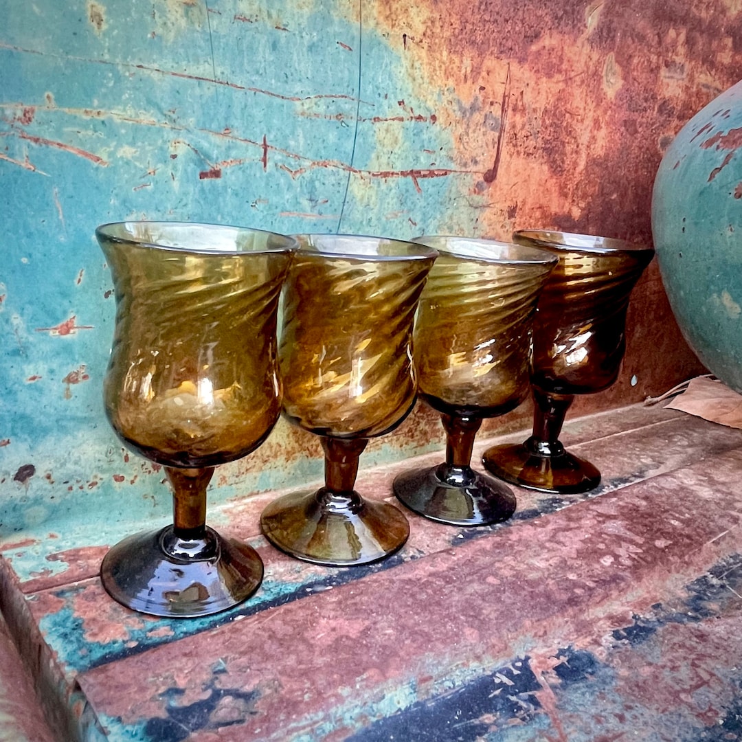 Four Vintage Mexican Blown Glass Cordial Goblets, Handblown Golden ...