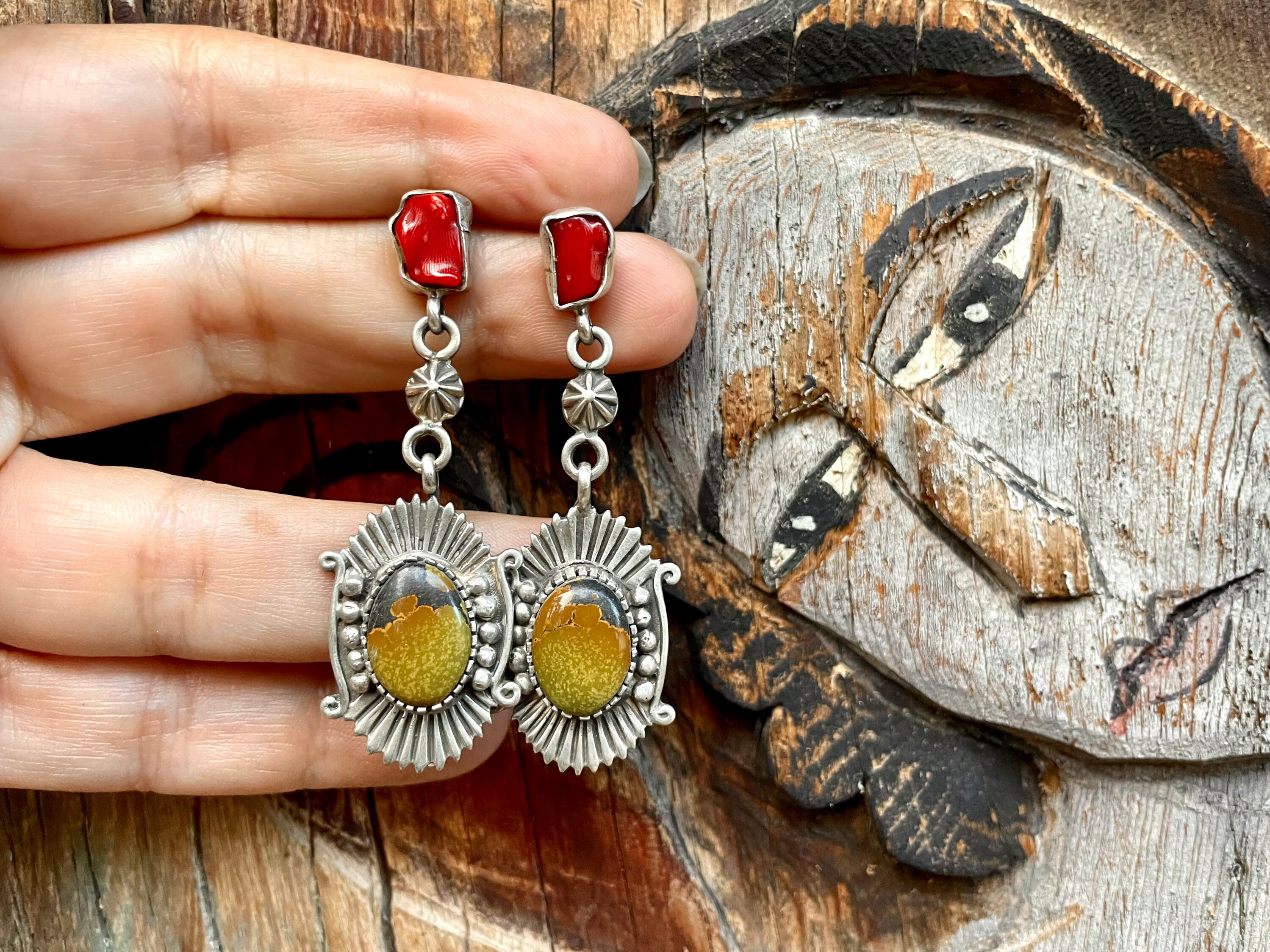 Green Turquoise and Red Coral Dangle Earrings for Women, Sterling ...