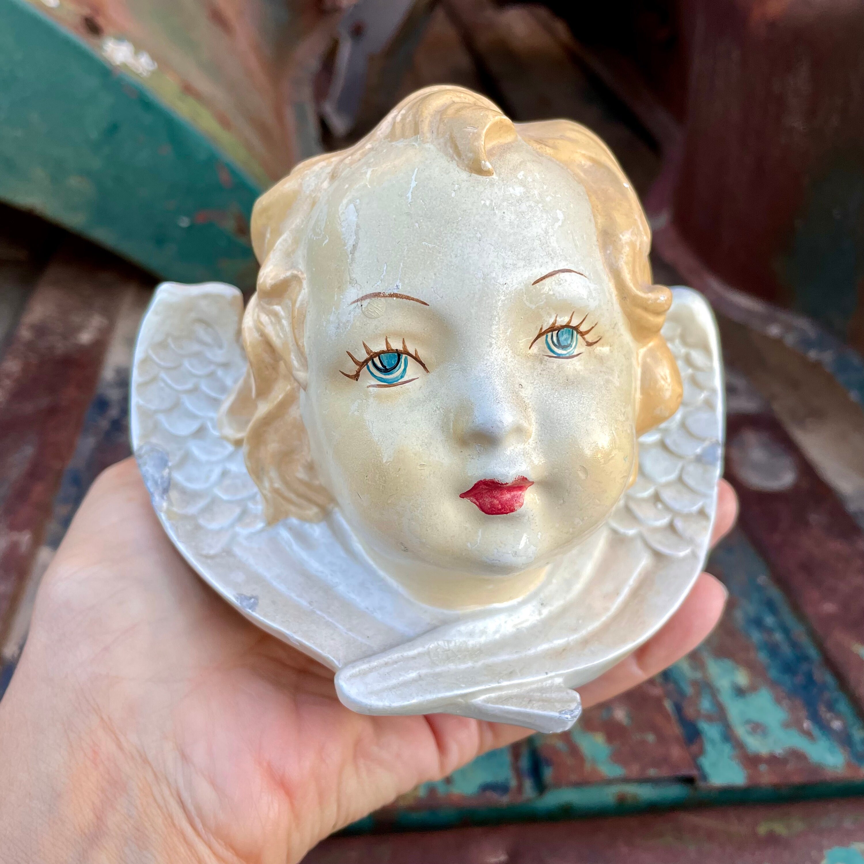 Vintage Distressed Plaster Ceramic Winged Angel Figurine Hand-Painted ...