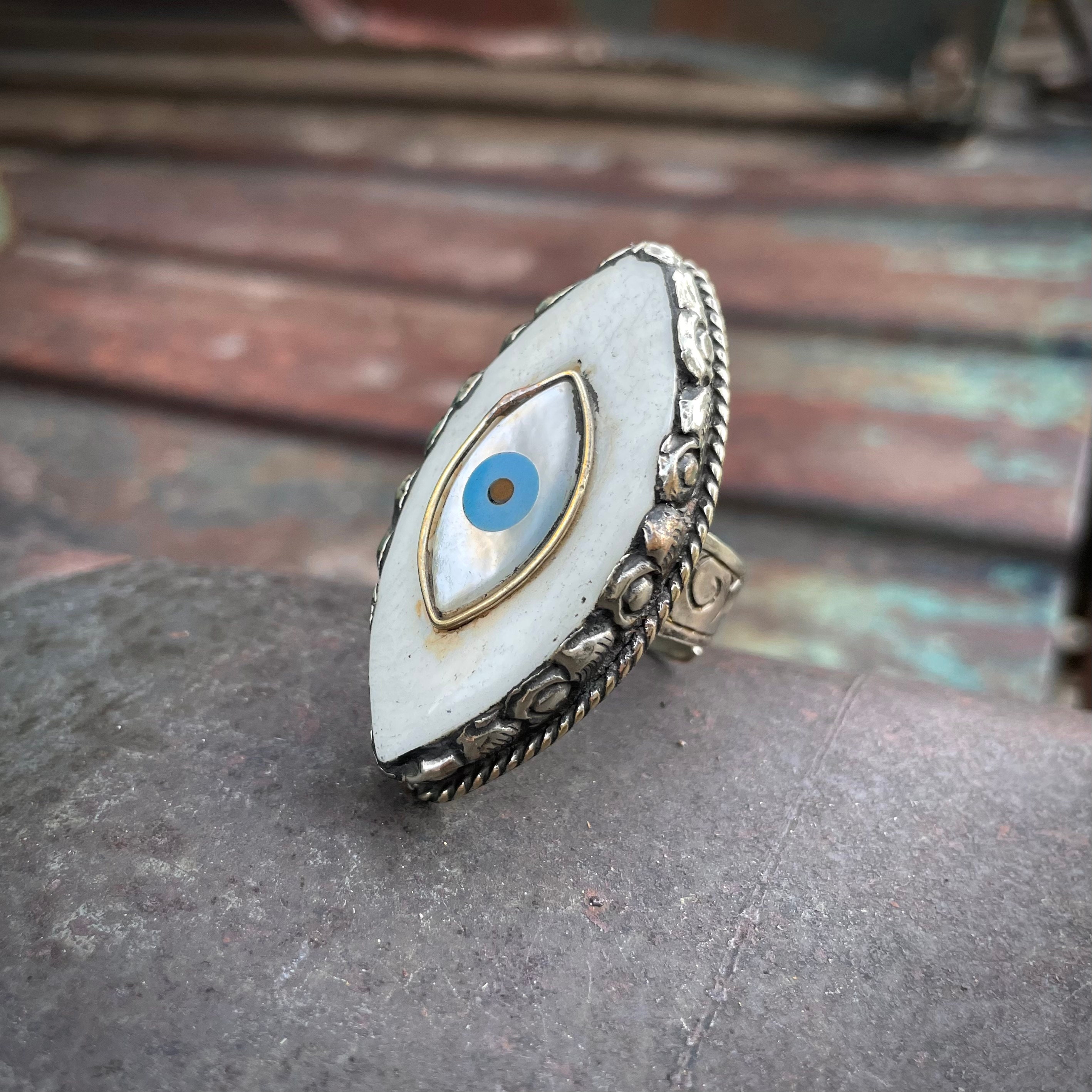 Large Adjustable Ring of Nazar Eye Set into Silver Tone Bezel Bohemian Tribal Jewelry Unisex