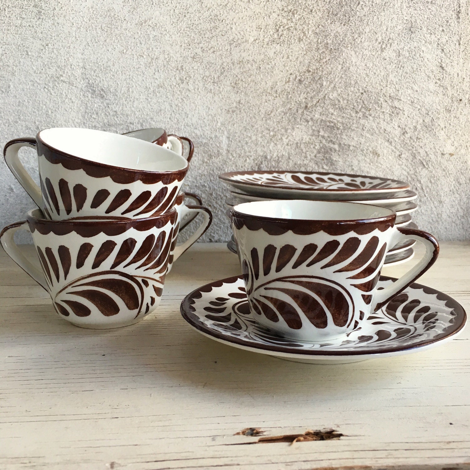 Vintage Mexican Anfora Puebla Brown cup saucer, Anfora flat cup, brown ...