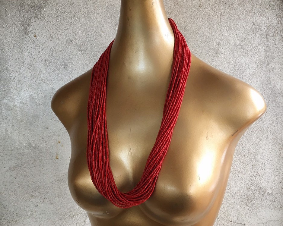Vintage 35-Strand Coral Red Glass Bead Necklace Nagaland with Macrame ... Vintage 35-Strand Coral Red Glass Bead Necklace Nagaland with Macrame ...
