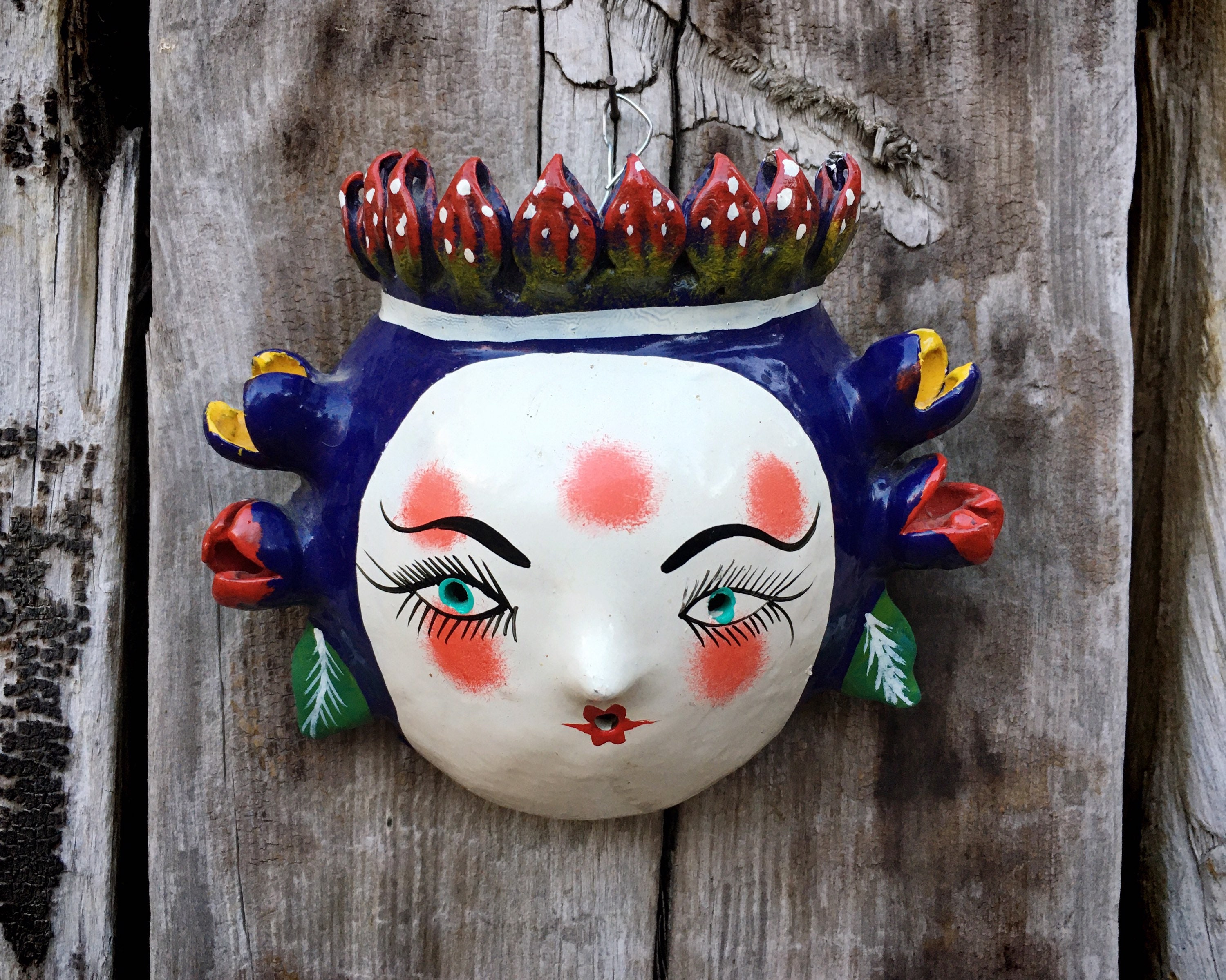 Vintage Mexican Folk Art Face Mask Coconut Shell Wall Hanging, Mexican ...