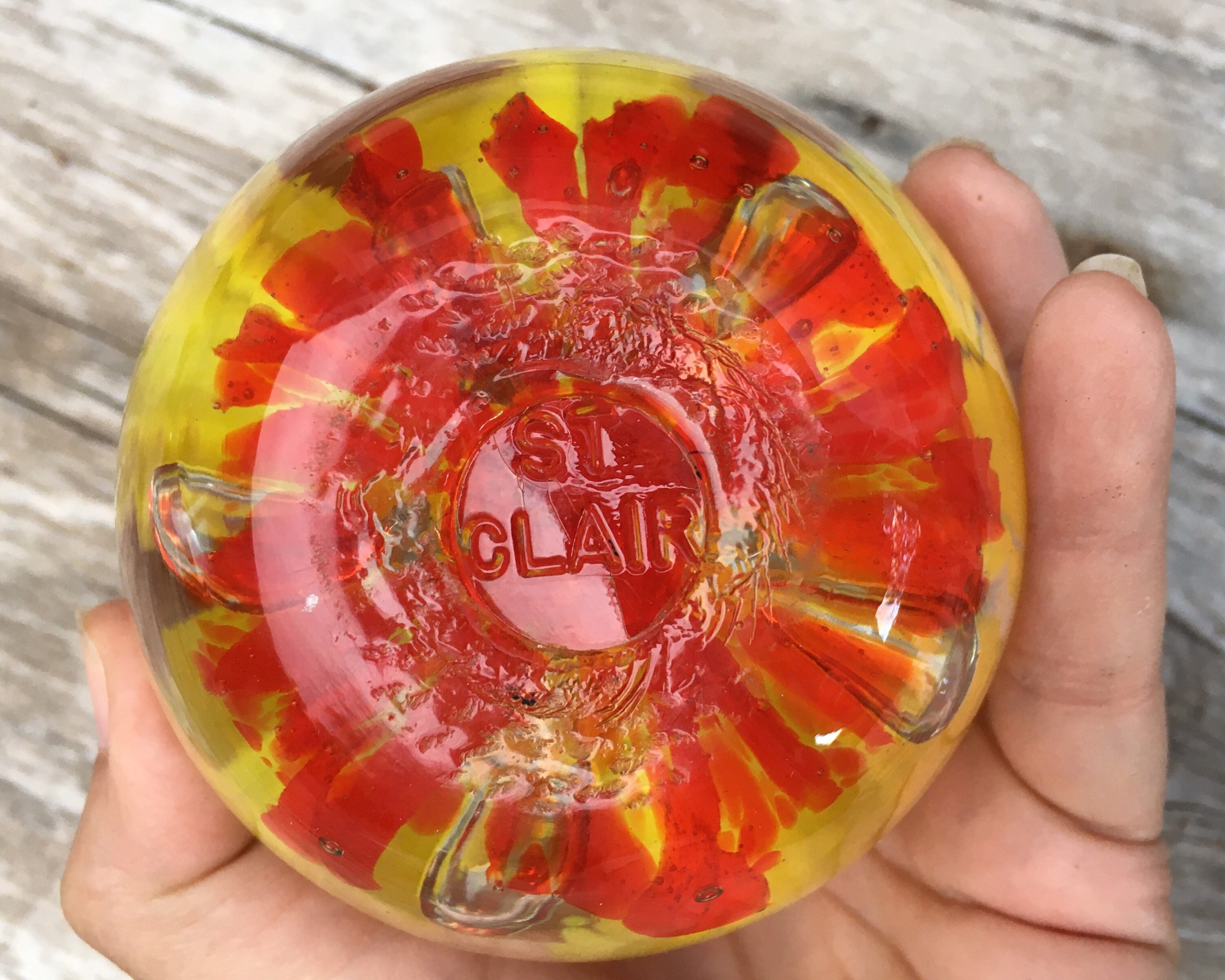 Vintage St. Clair Art Glass Paperweight Yellow Flower Orange Background ...