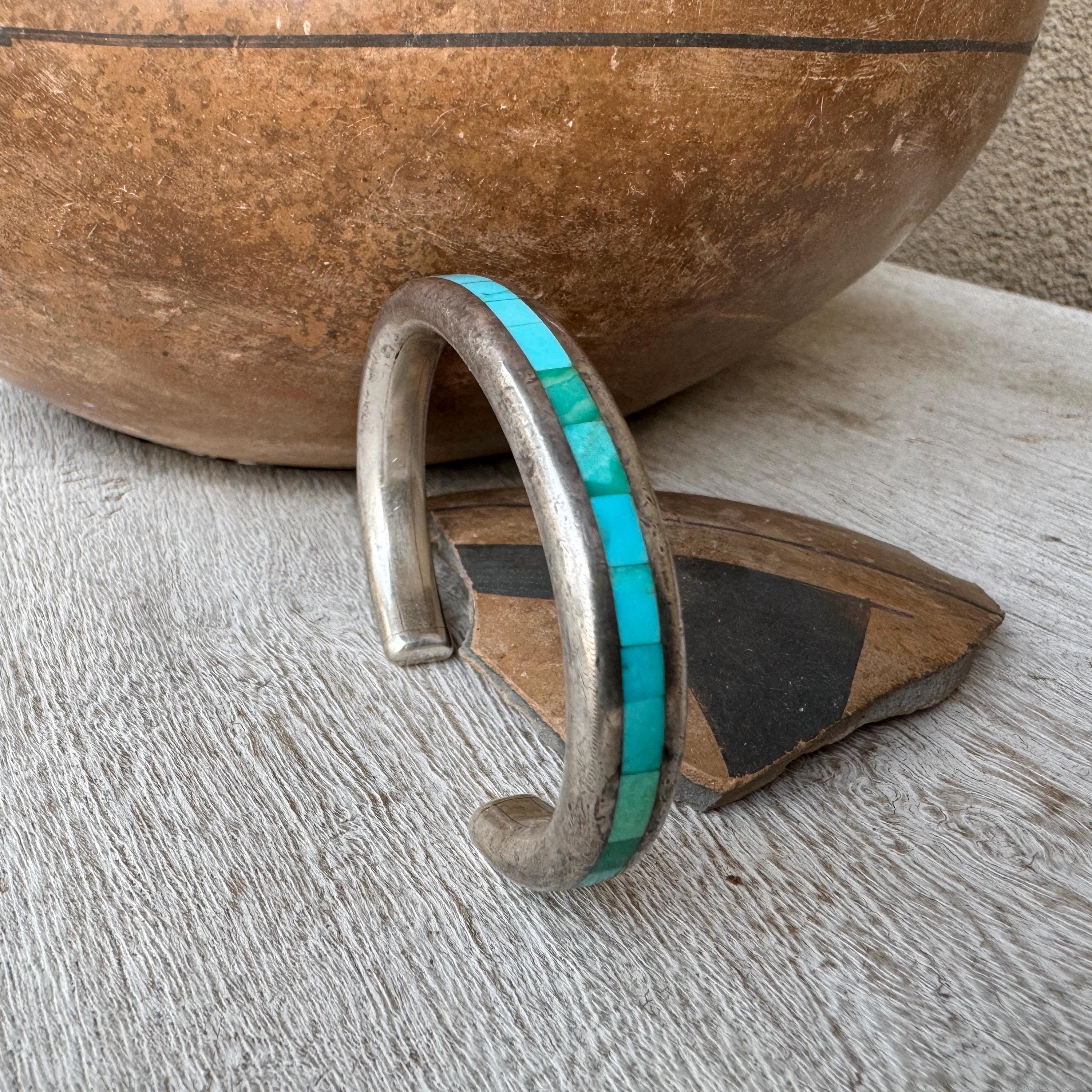 Heavy Vintage Turquoise Flush Inlay Narrow Cuff Bracelet Approx Size 6 ...