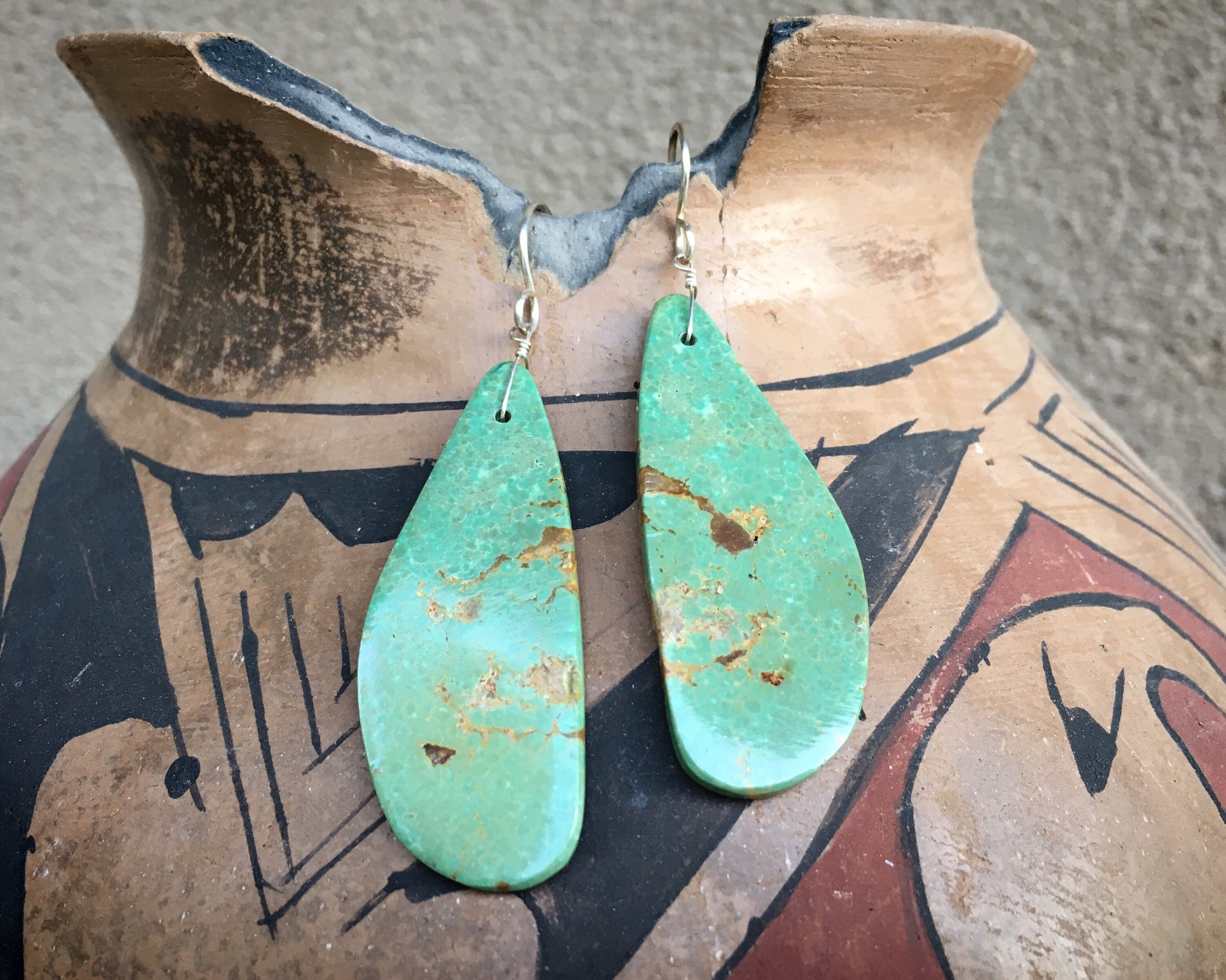 Thin Green-Blue Turquoise Slab Earrings Medium-Large Size, Southwest ...