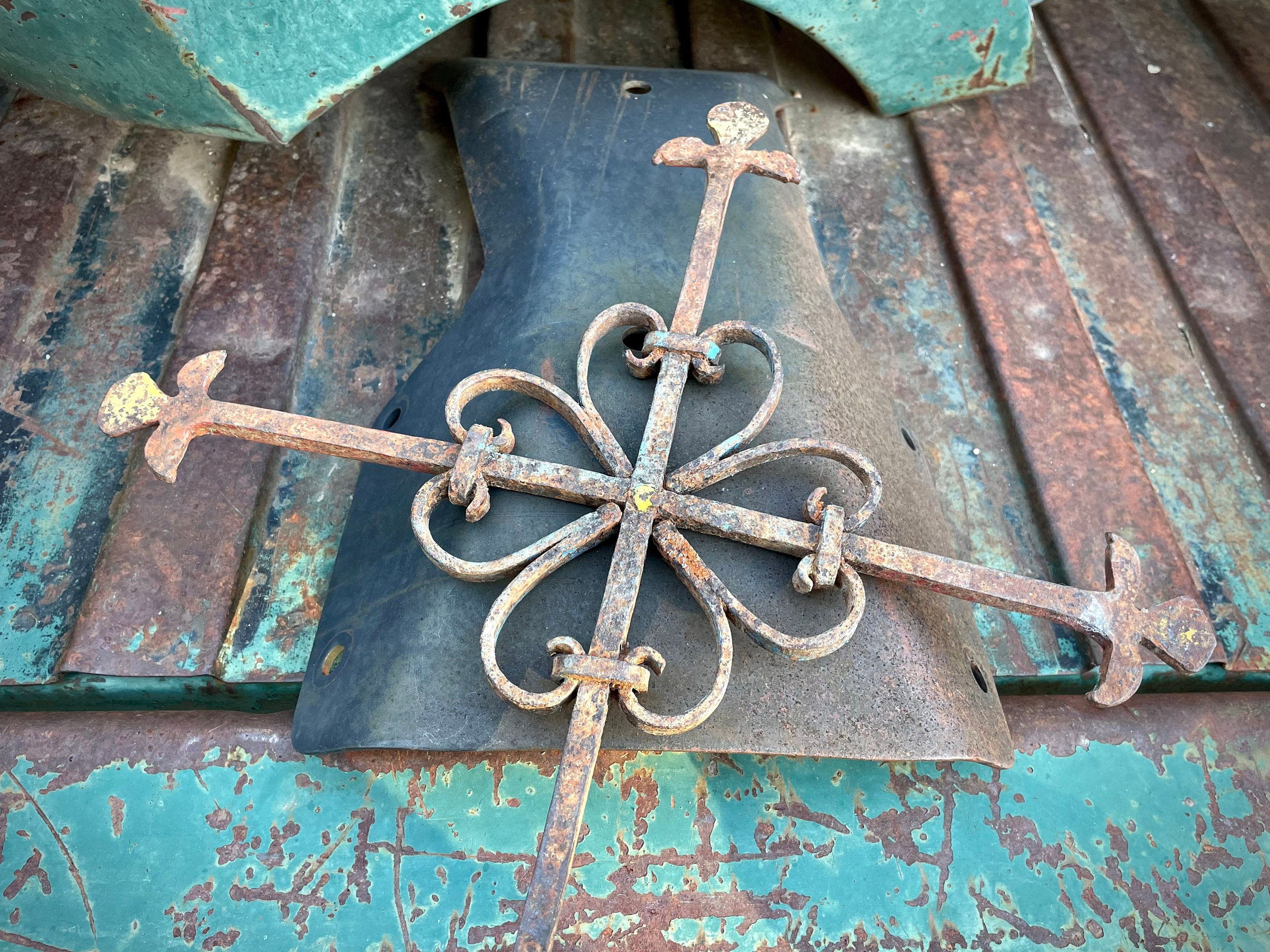 Antique Metal Roof Cross Ecuadoran, Forged Iron w/ Fleur de Lis Tips ...