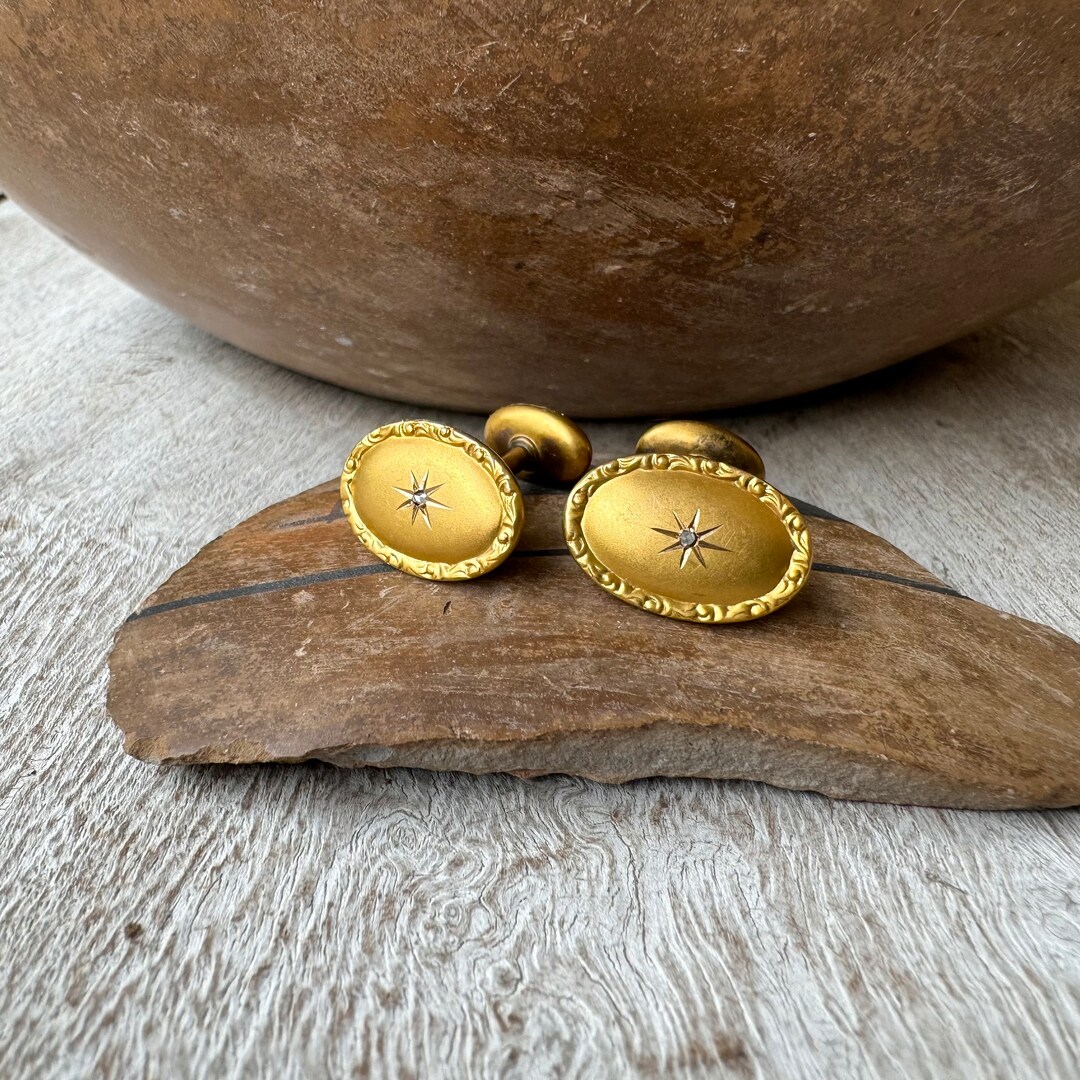 Antique Victorian Gold Cufflinks Diamond Chip Inlay With Bean Closure ...