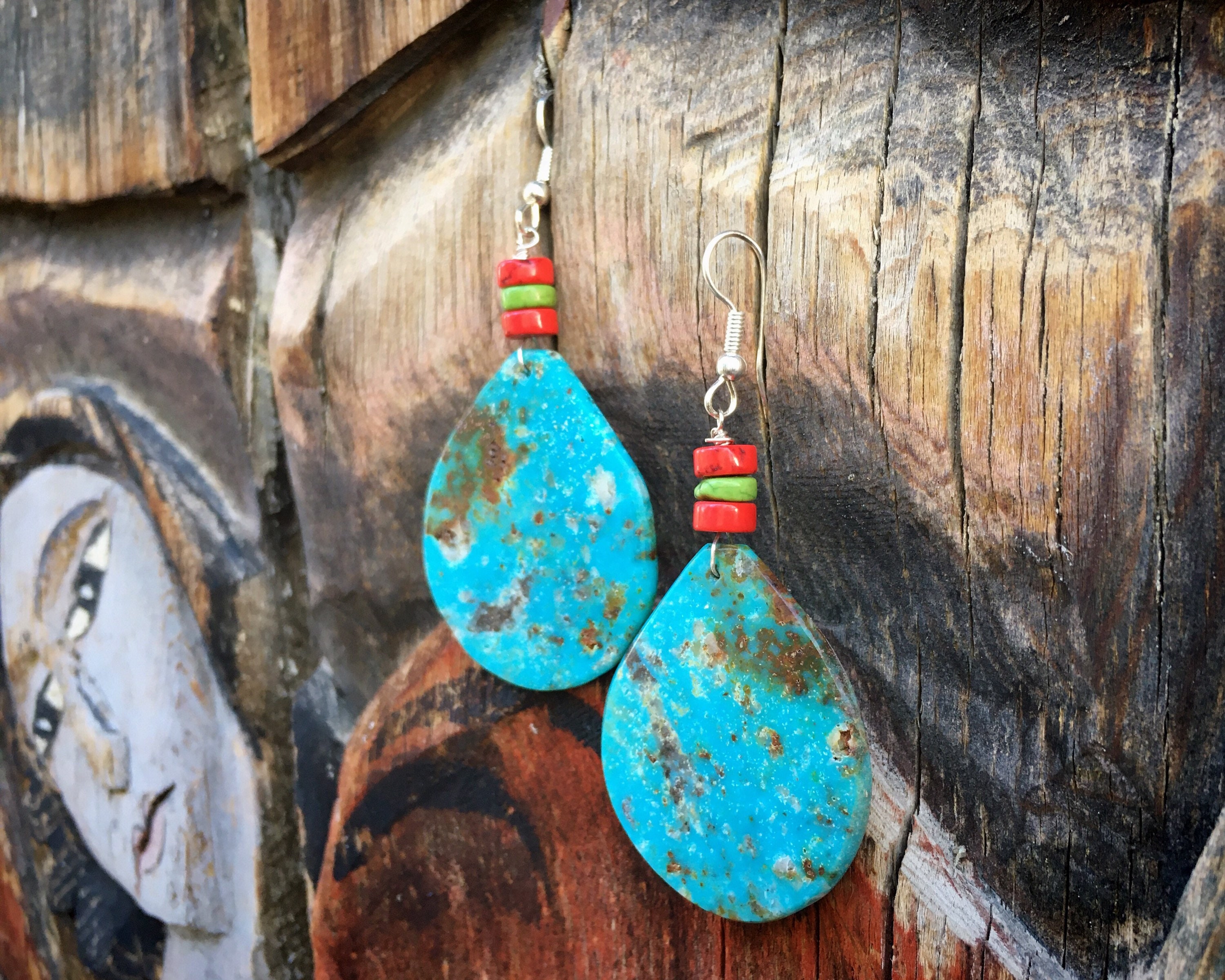 Big Turquoise Slab Earrings with Spiny Oyster Beads, Santo Domingo ...