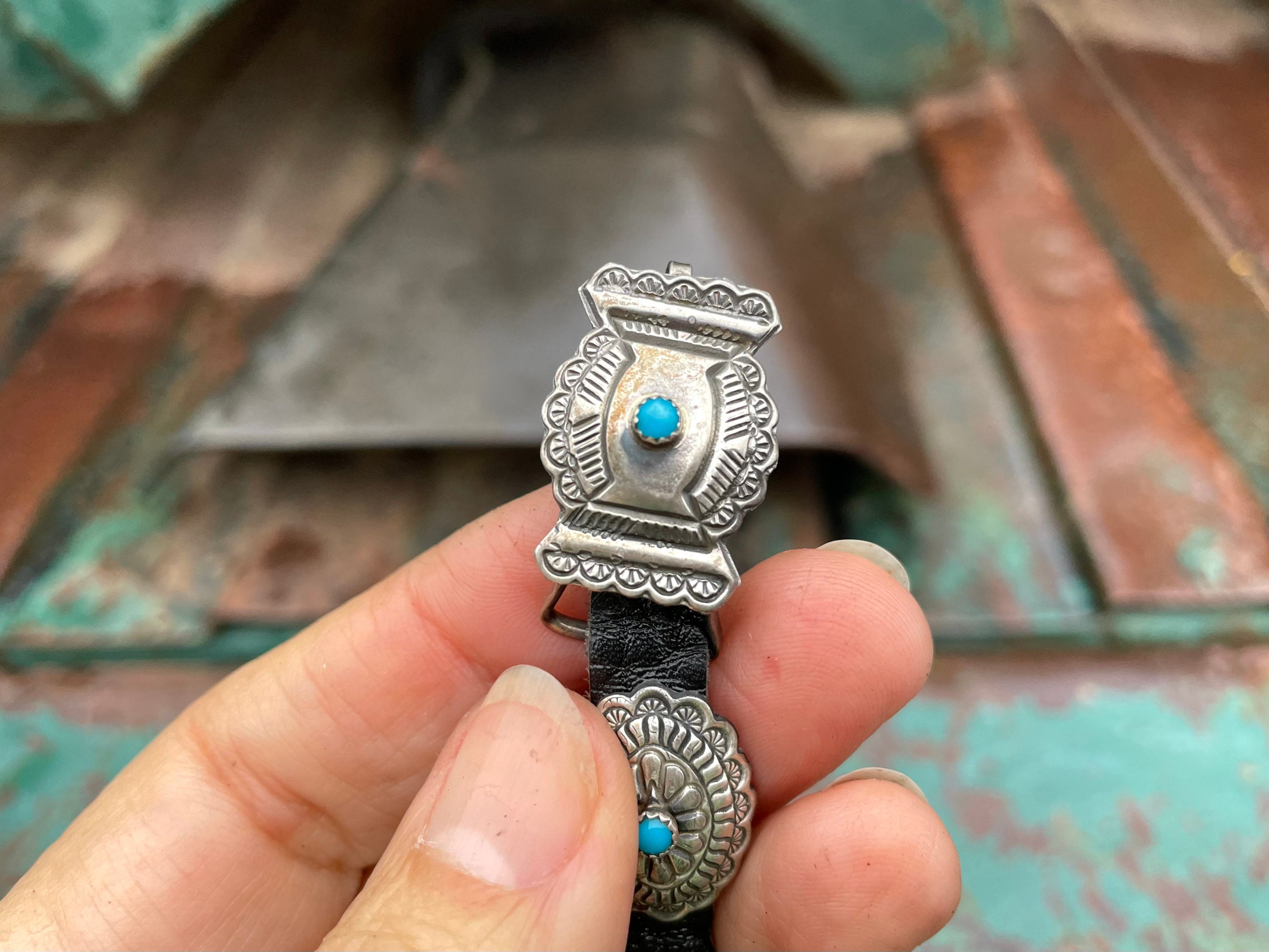 Vintage Mini Silver Turquoise Conchos on Leather Wrist Band in ...