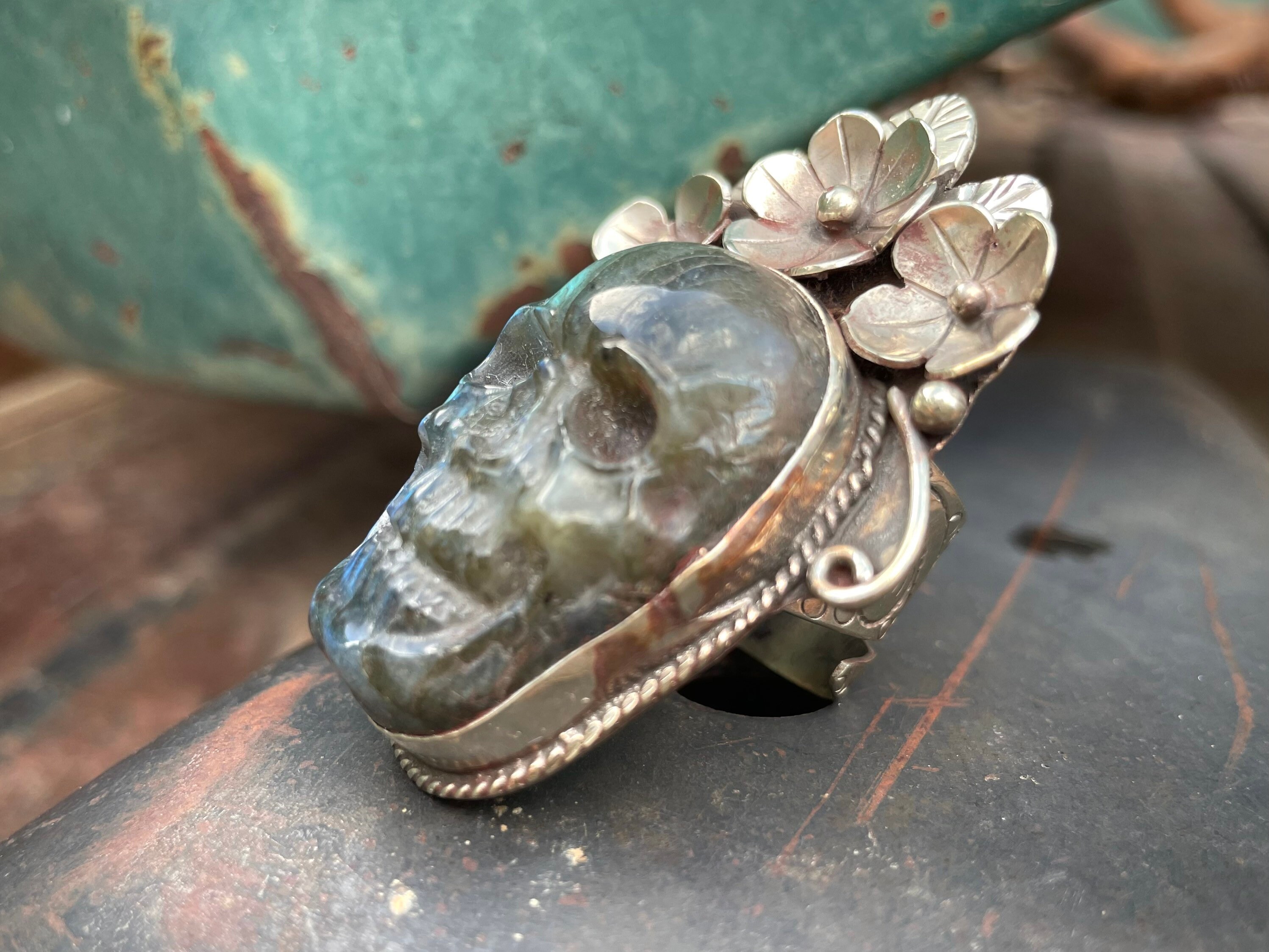 Carved Labradorite Skeleton Skull Ring in Silver Plated Bezel, Day of ...