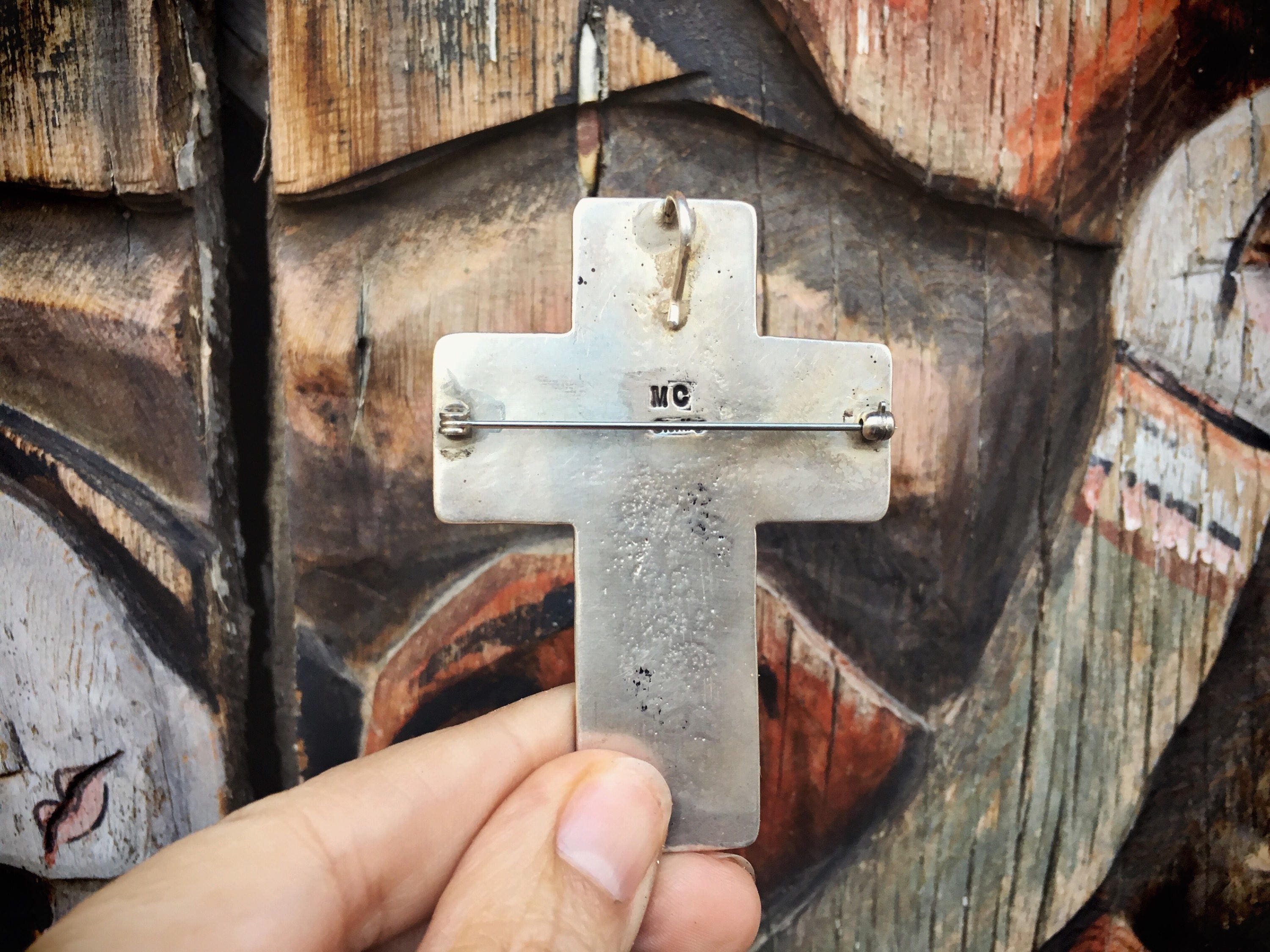 Signed Navajo Cross Coral Turquoise Pendant Brooch Native American ...