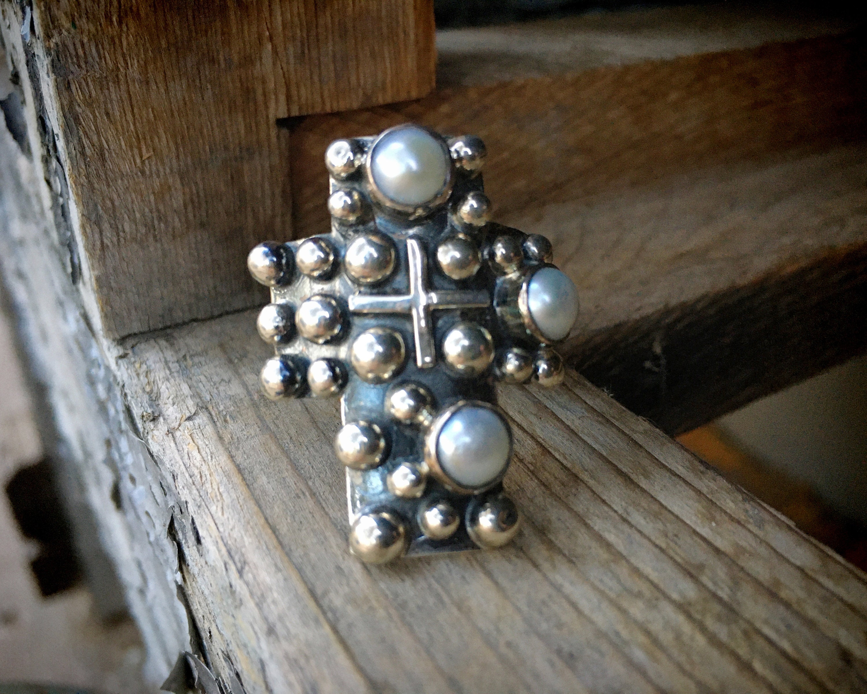 Size 9 Sterling Silver and Pearls Cross Ring by Navajo Ronald Tom ...