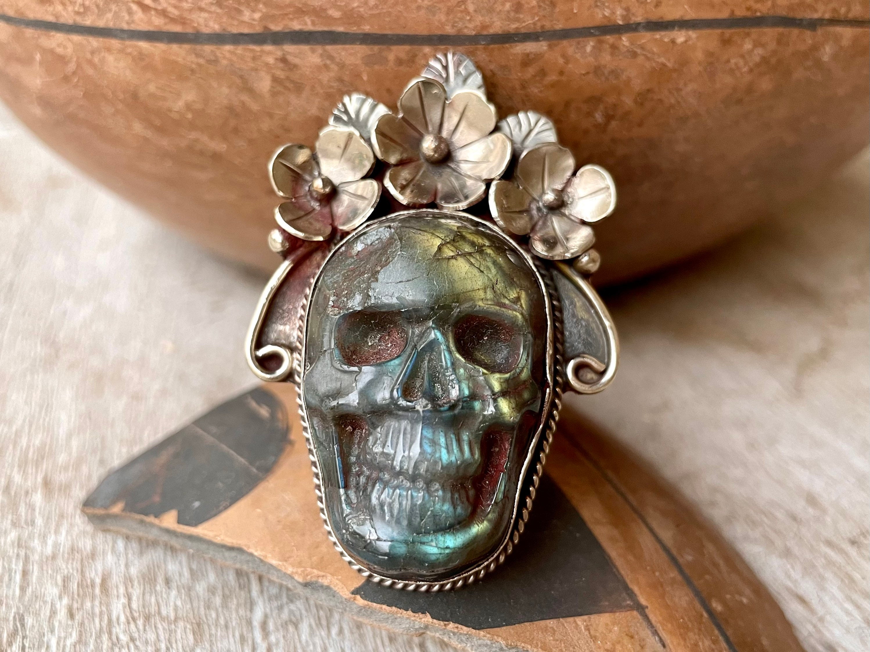 Carved Labradorite Skeleton Skull Ring in Silver Plated Bezel, Day of ...
