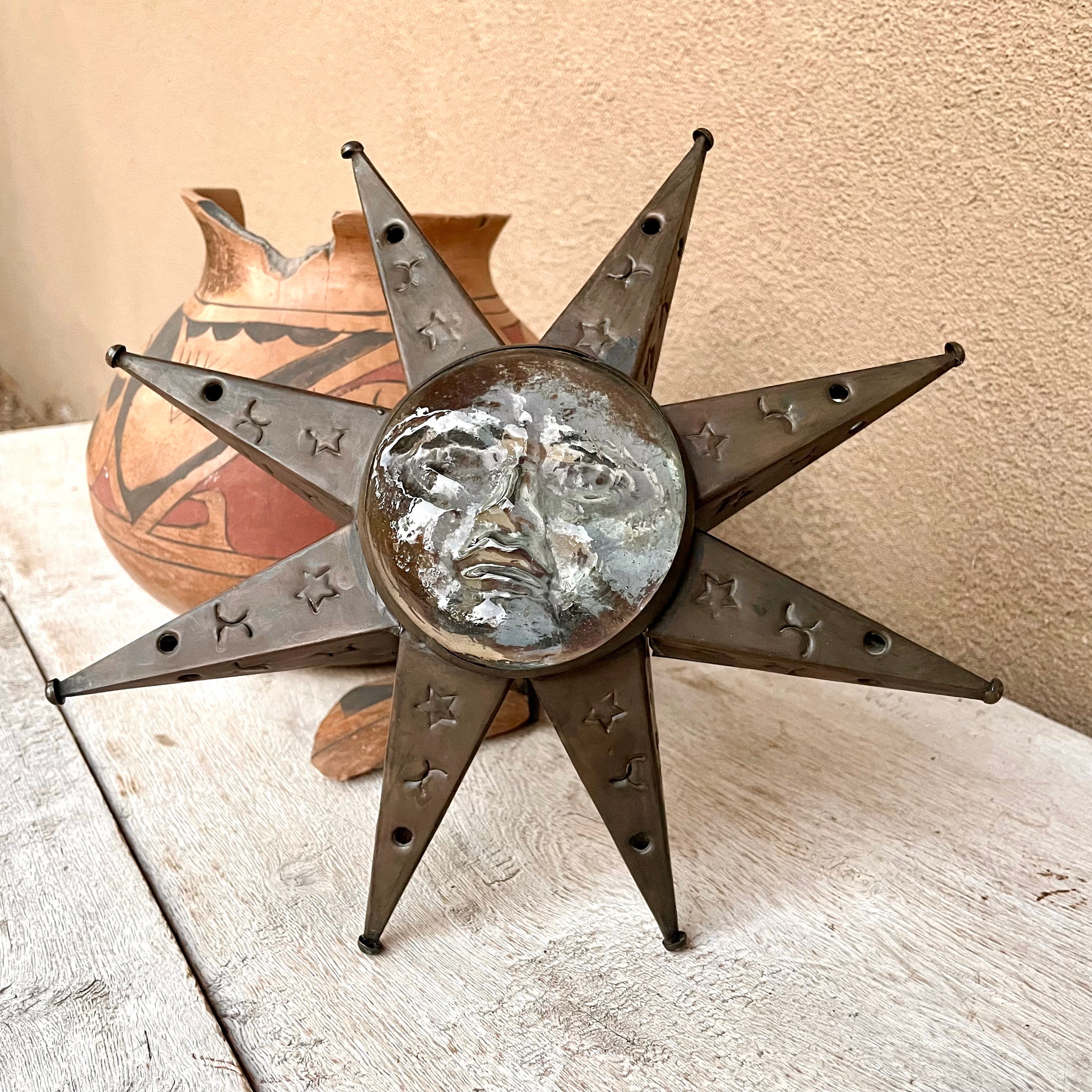 Vintage Rustic Metal Glass Sun Face Candle Holder, Sunburst Votive ...