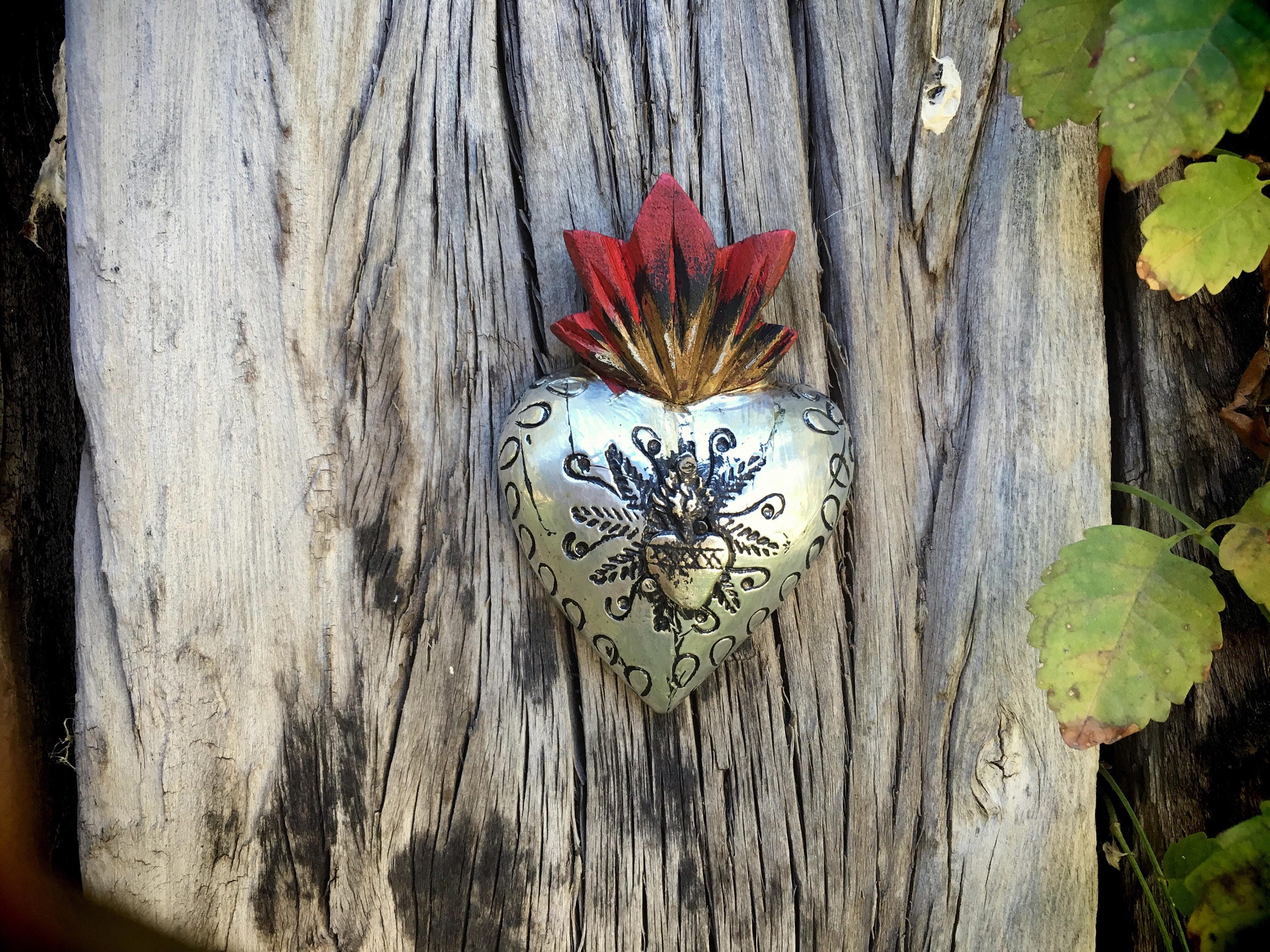 Small Sacred Heart Ex Voto for Shrine, Flaming Heart, Mexican Folk Art ...