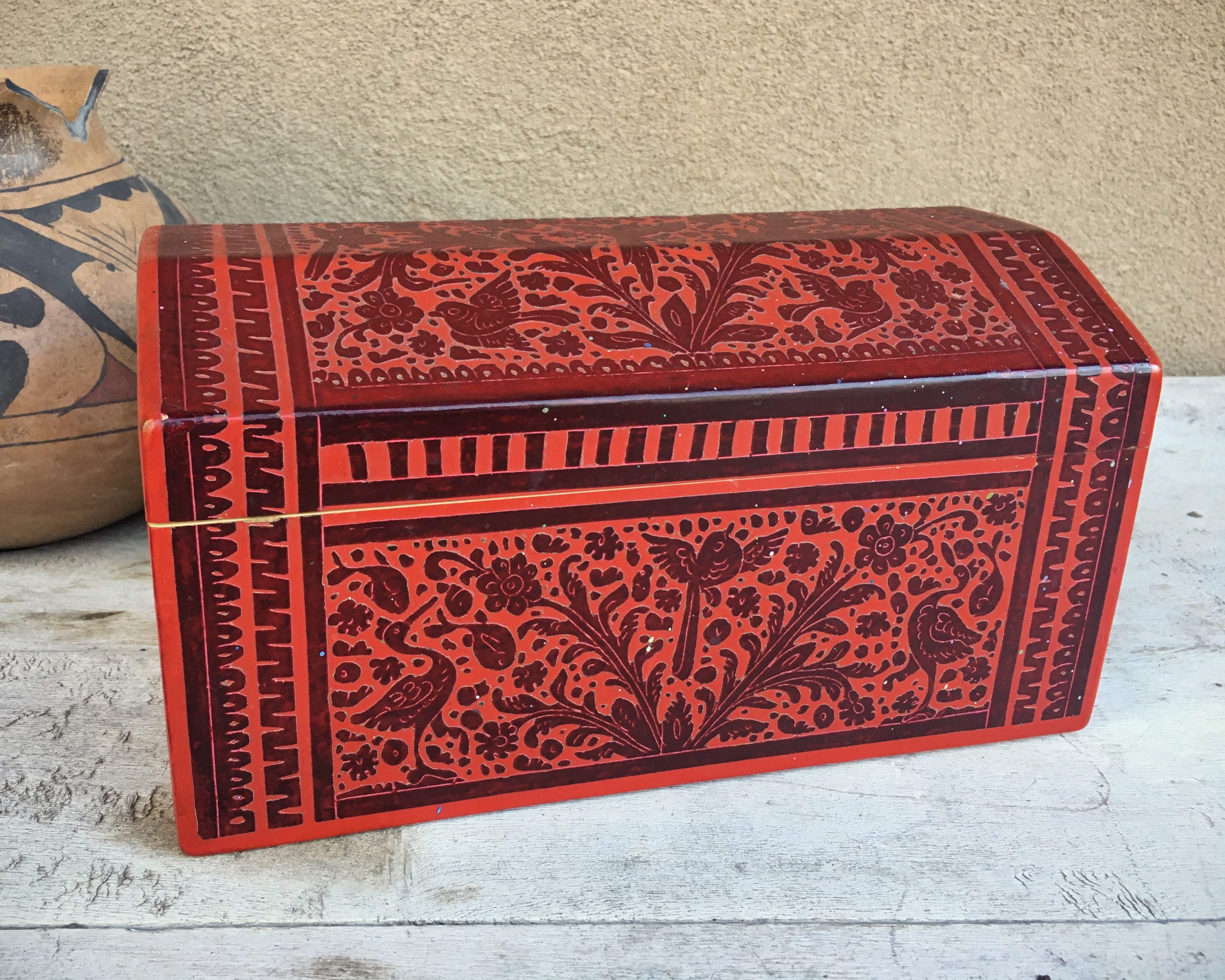 Vintage Mexican Red Lacquer Painted Wood Box with Flowers and Birds ...