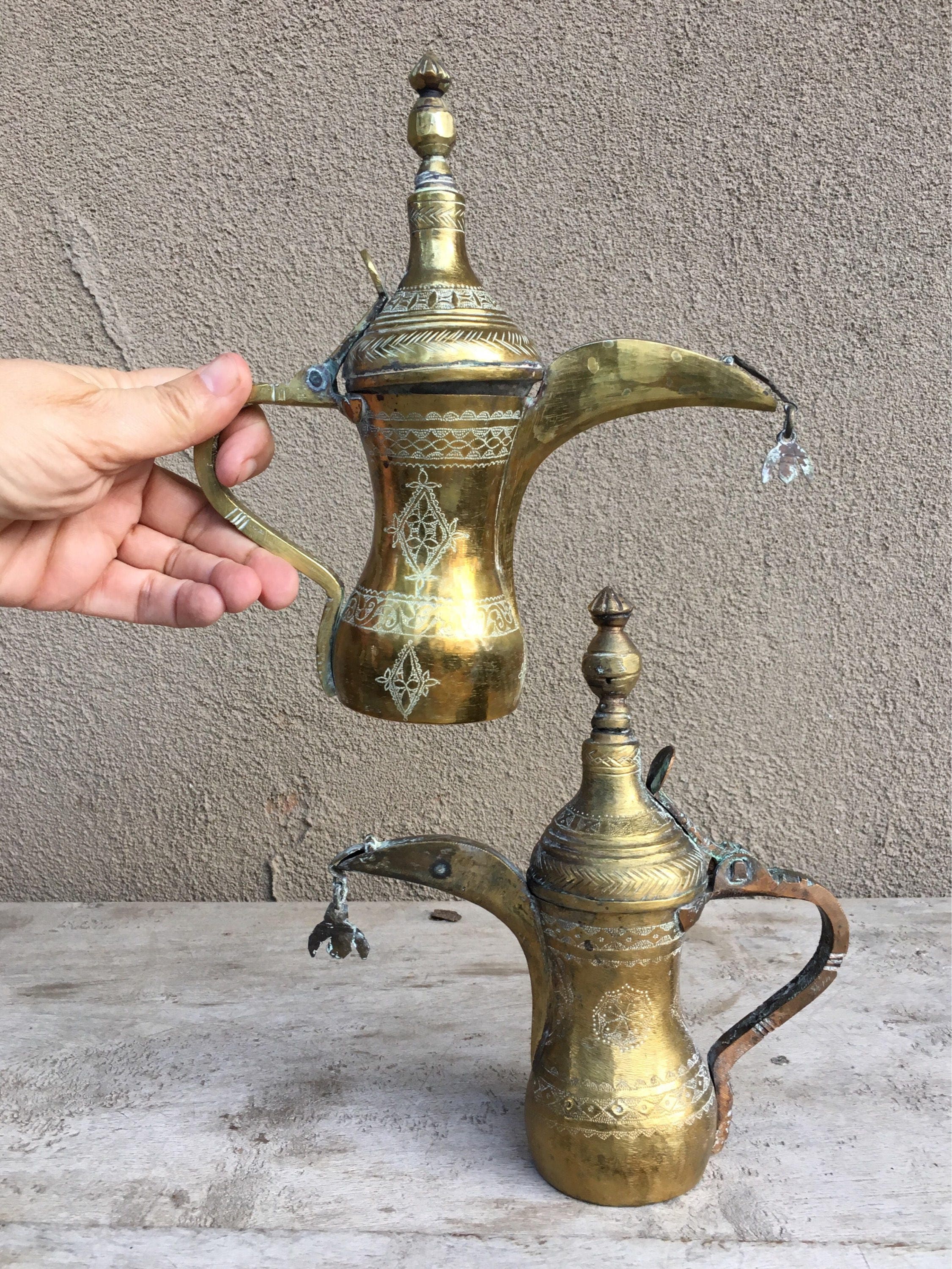 Pair of old Dallah Nizwa Arabic coffee pots brass copper antique ...