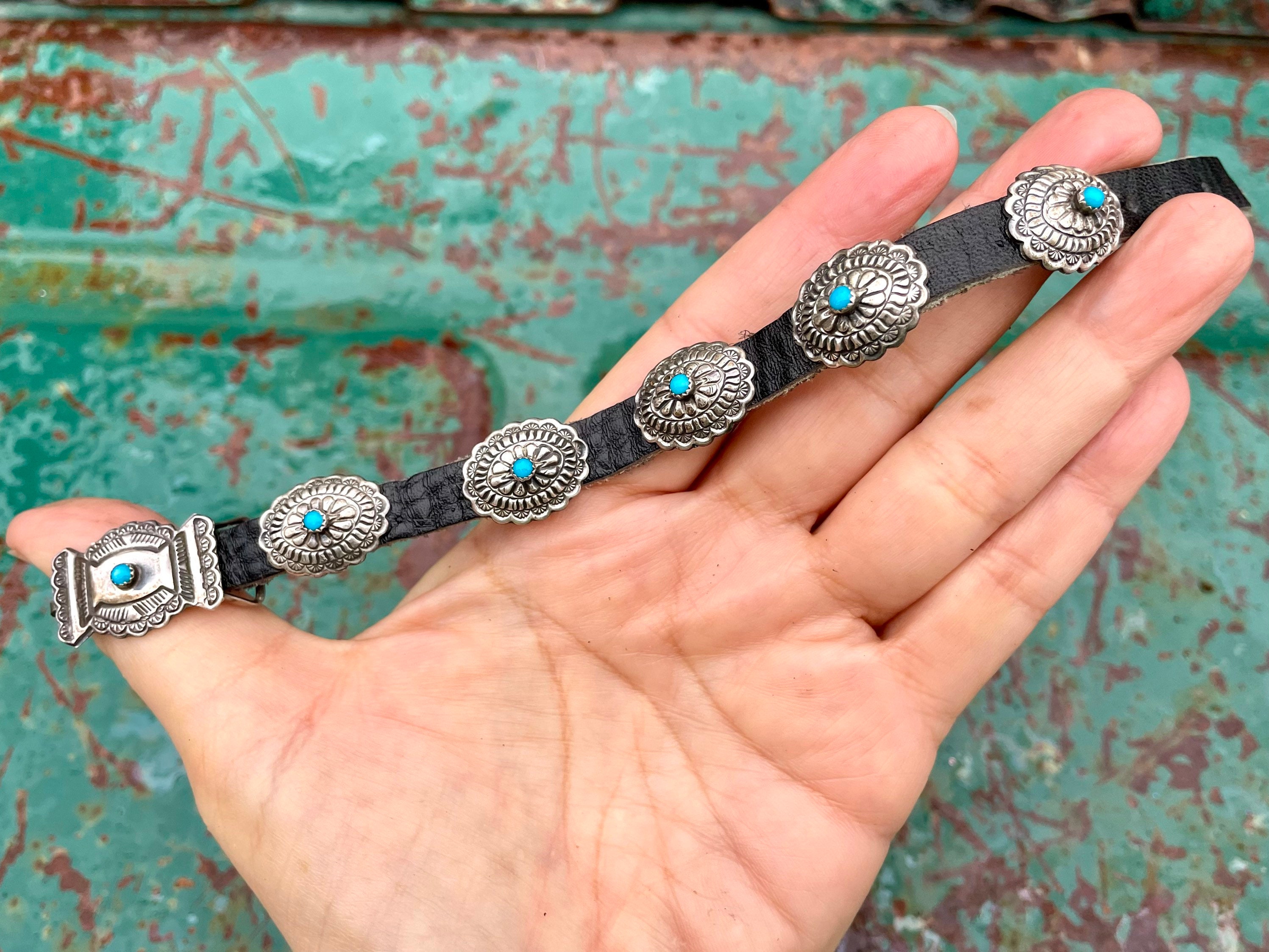 Vintage Mini Silver Turquoise Conchos on Leather Wrist Band in ...