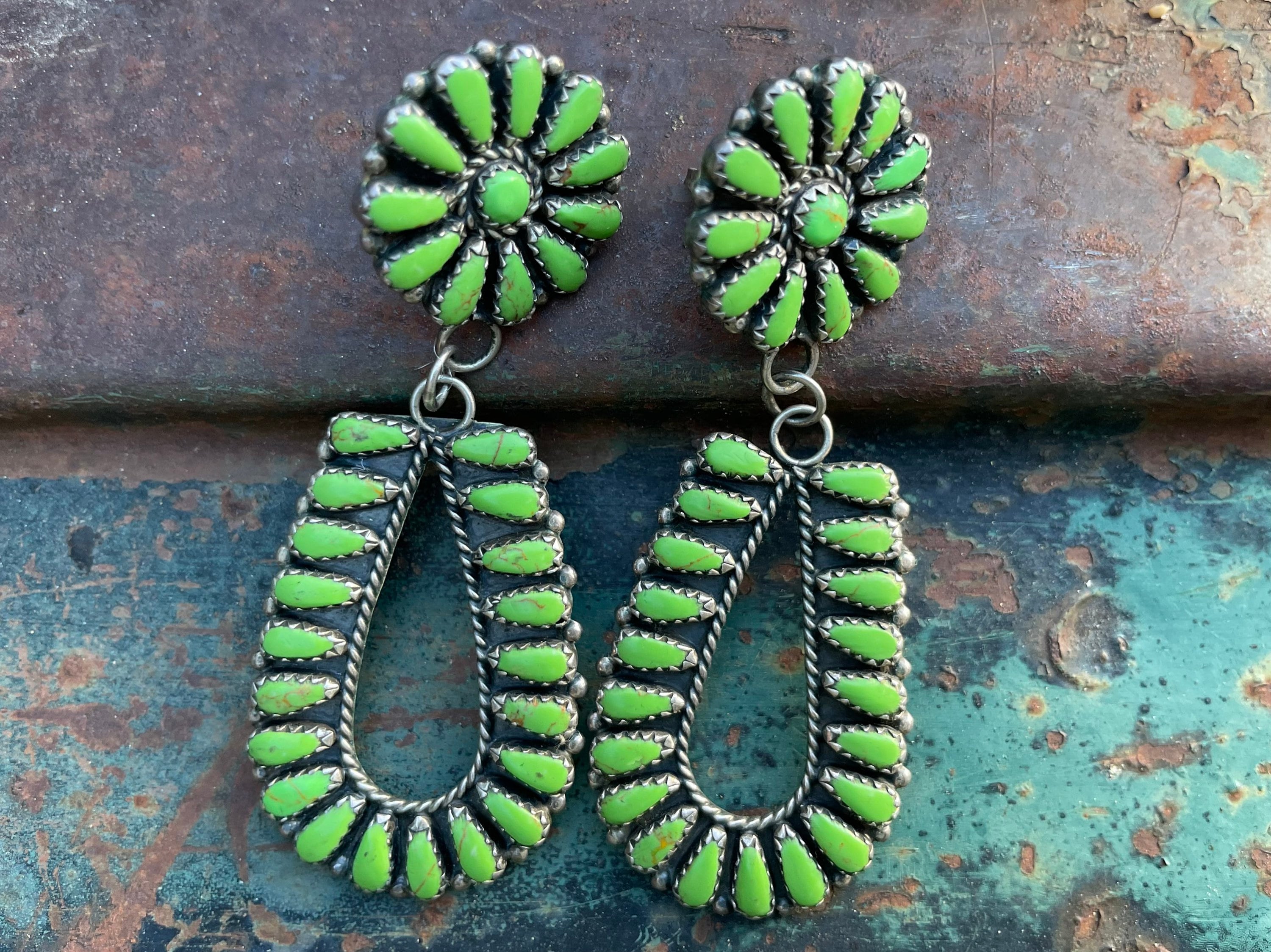 2-7/8 Green Gaspeite Sterling Silver Cluster Earrings Posts, Vintage ...