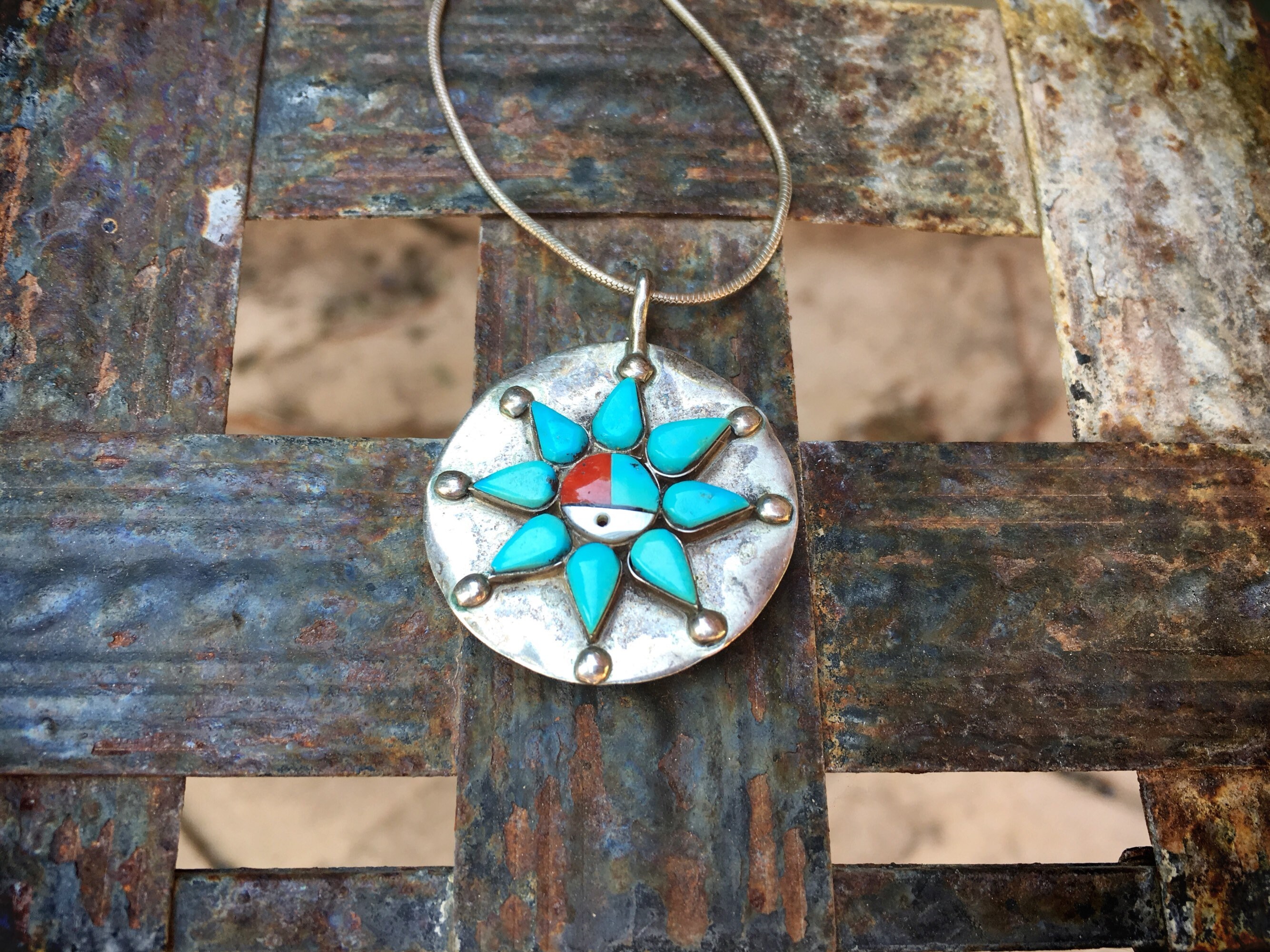 Two-Sided Turquose Pendant Necklace and Mother of Pearl Zuni Sun Face ...