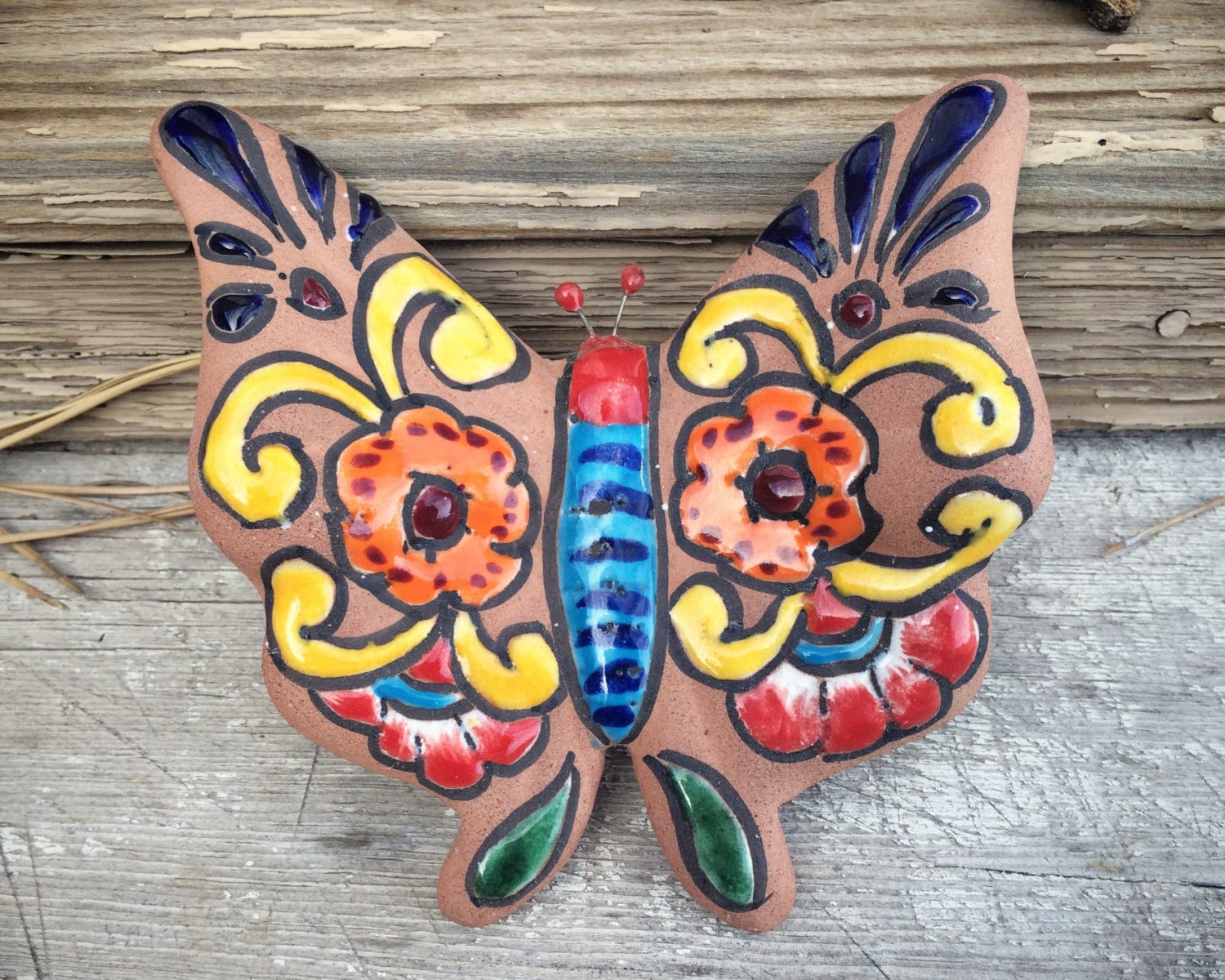 Vintage 5 wide hand painted colorful butterfly wall hanging, Mexican ...