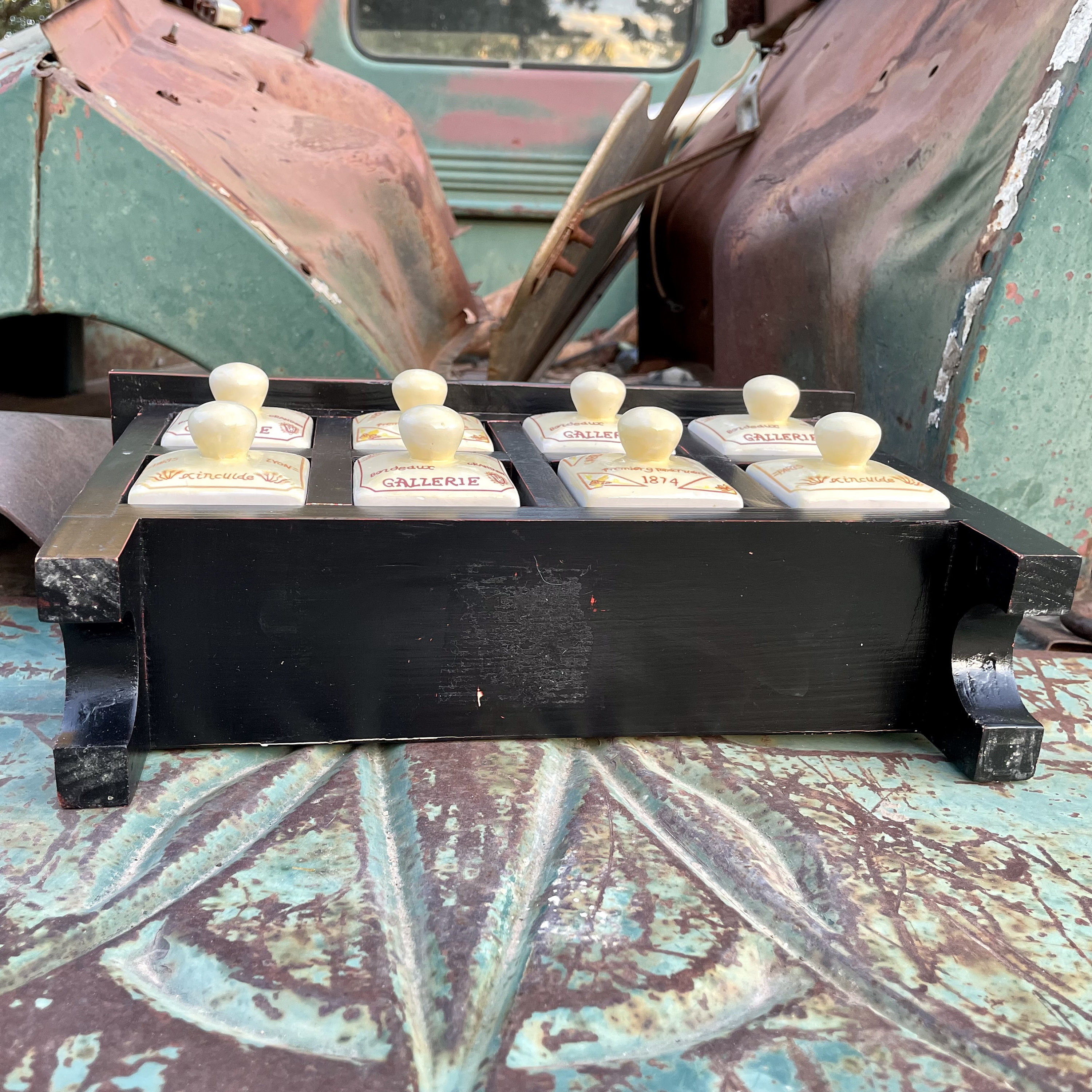 Heavy Mini Cabinet with French Style Ceramic Drawers in Dark Wood Frame ...