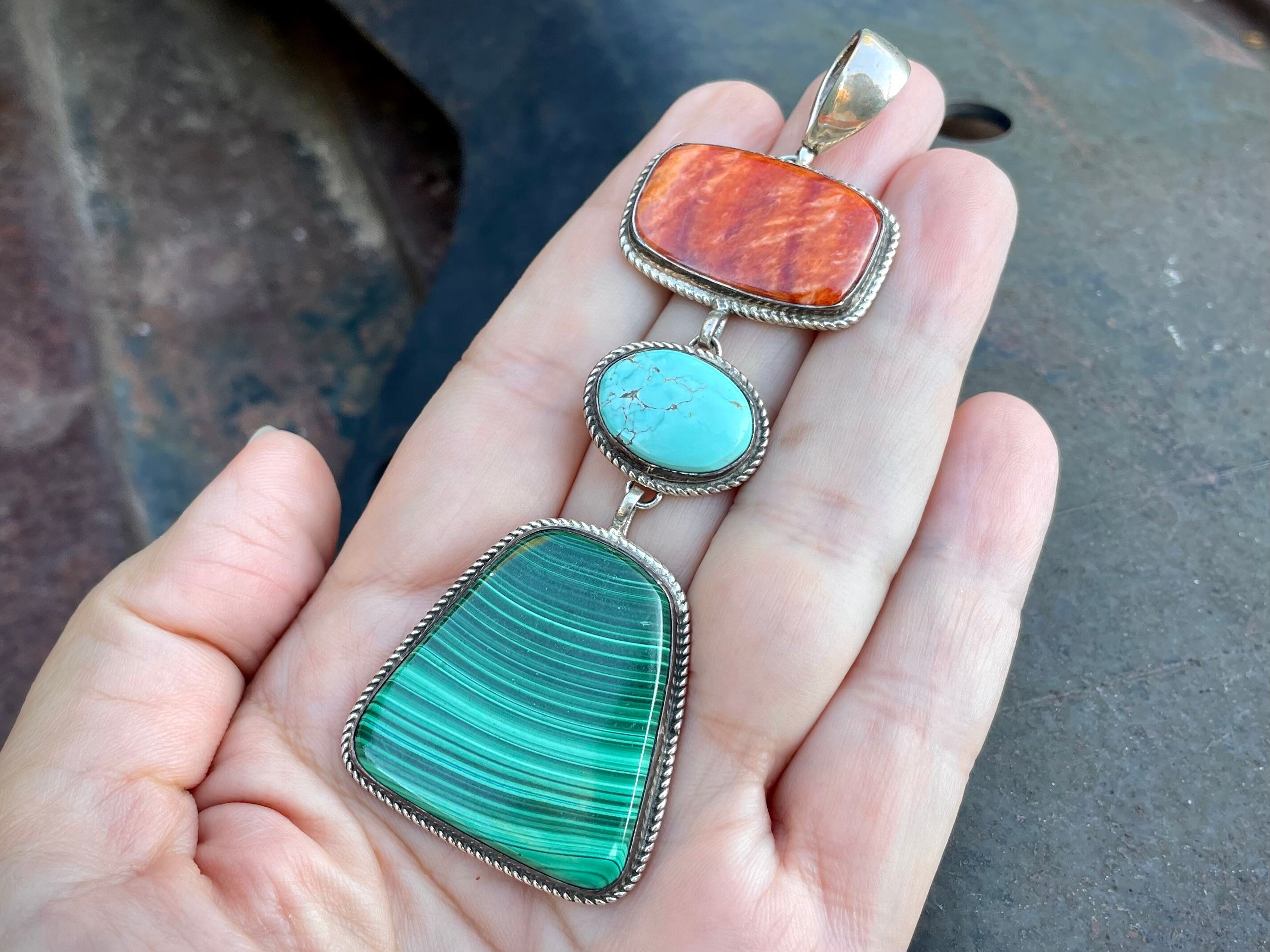 Vintage Long Orange Spiny Oyster Turquoise Malachite Sterling Silver ...