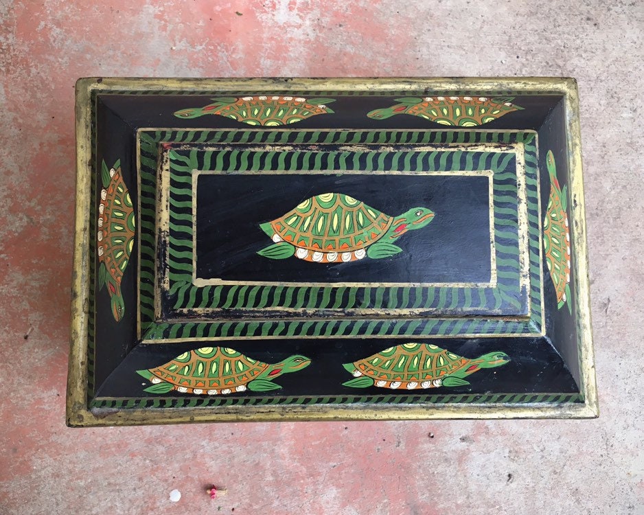 Vintage 11 Painted Wood Chest with Turtles Storage Box, Bohemian Decor ...