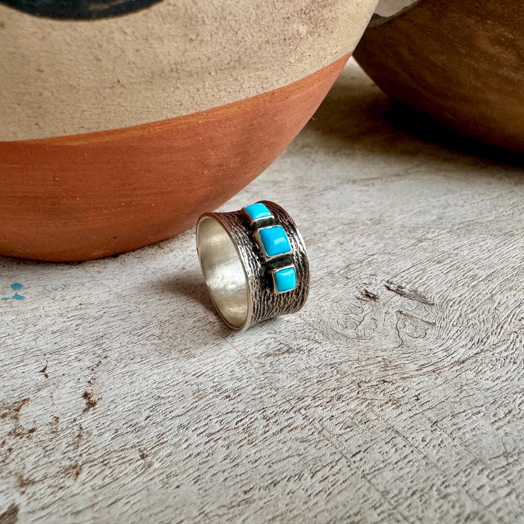Vintage Textured Sterling Silver Band With Three Turquoise Stones ...
