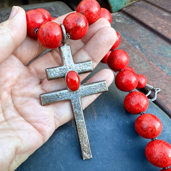 Navajo Ira Custer Tufa Cast Isleta Cross Pendant 3.75… - Gem